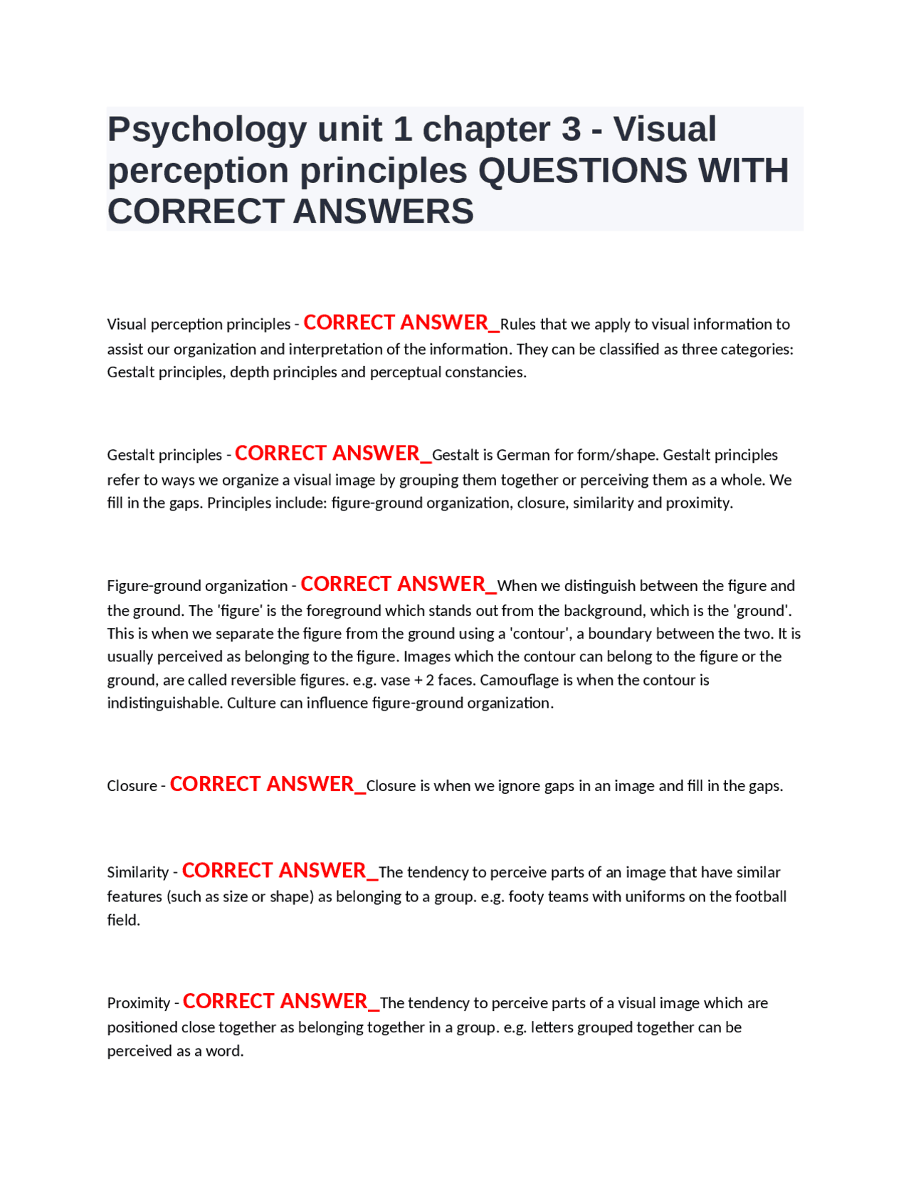 Psychology unit 1 chapter 3 - Visual perception principles QUESTIONS ...