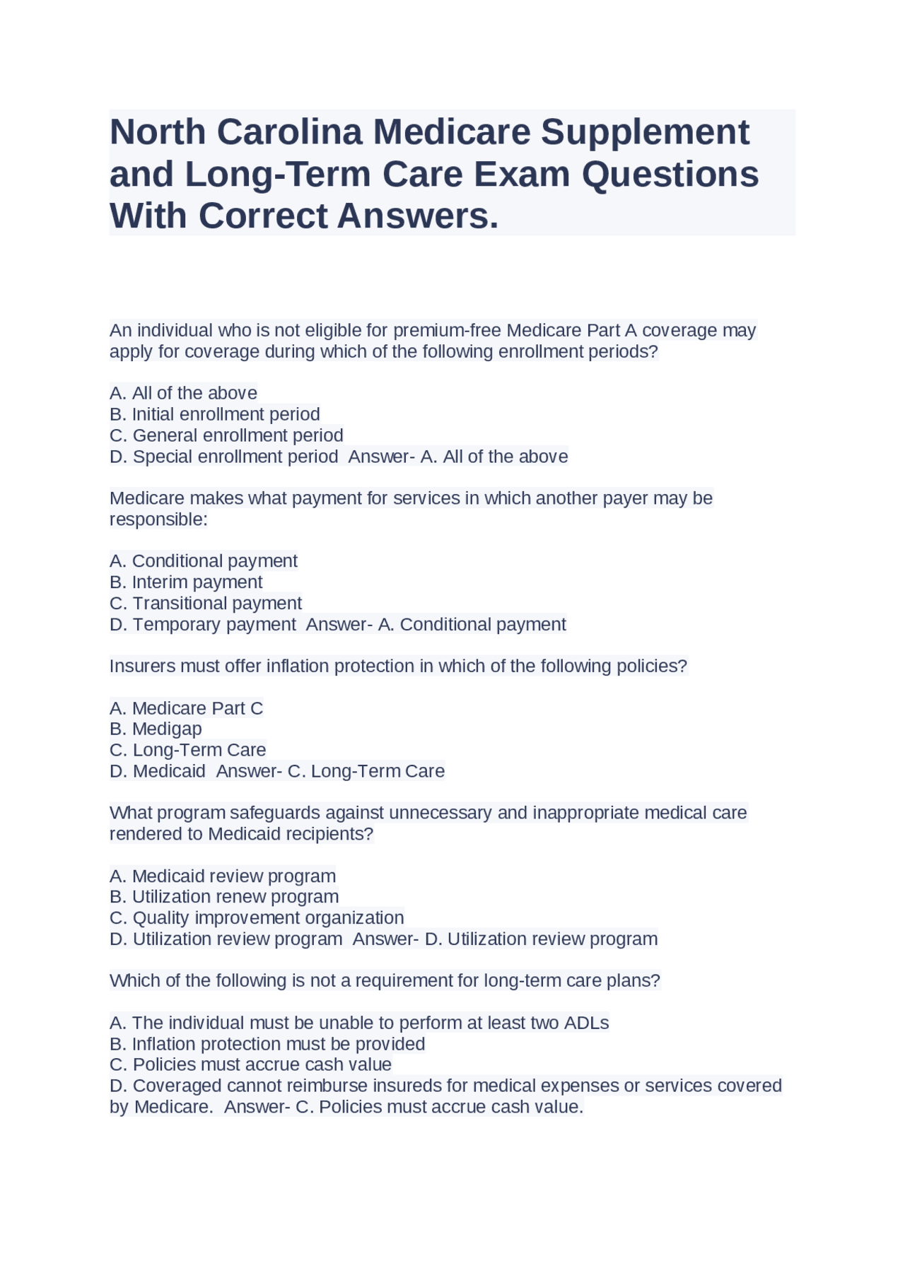 North Carolina Medicare Supplement and Long-Term Care Exam Questions ...