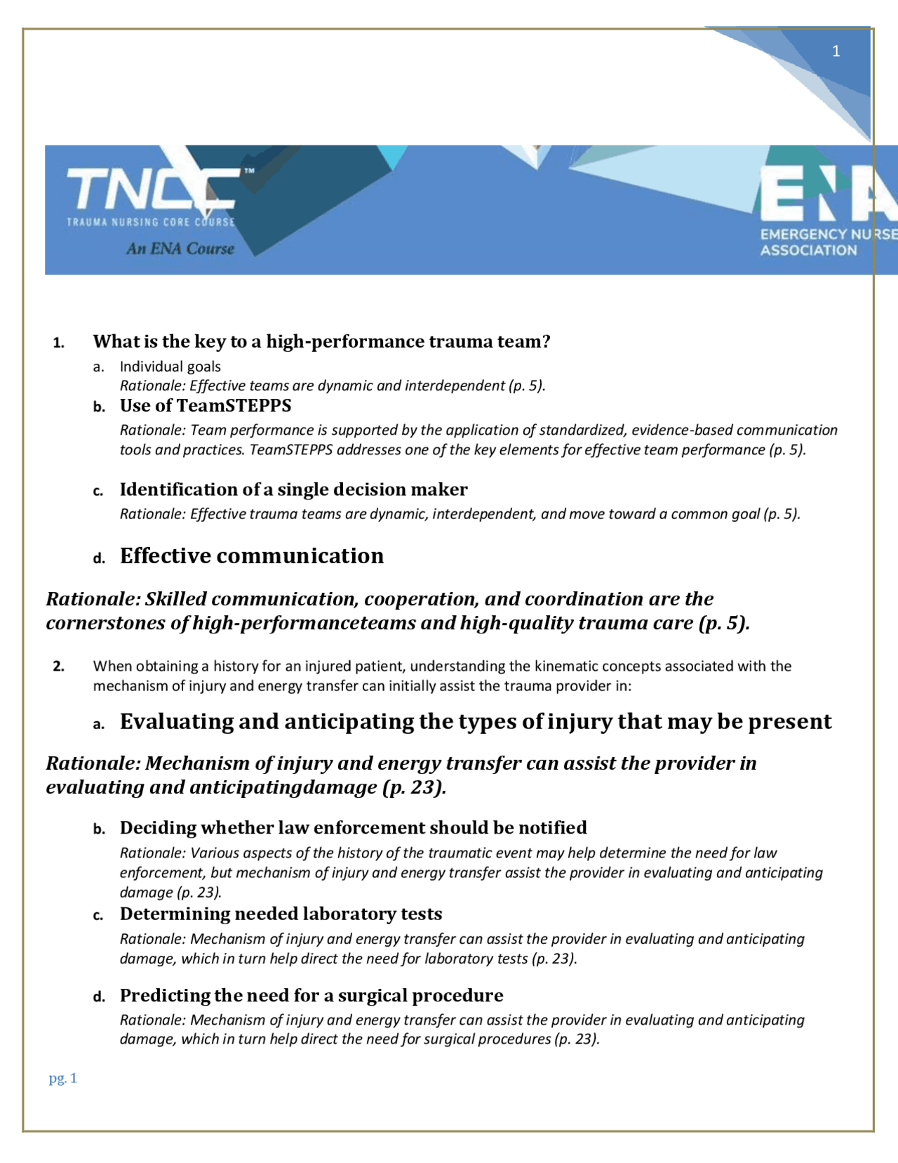 TNCC 8th Edition Provider Course Practice Exam with Rationale | Exams ...