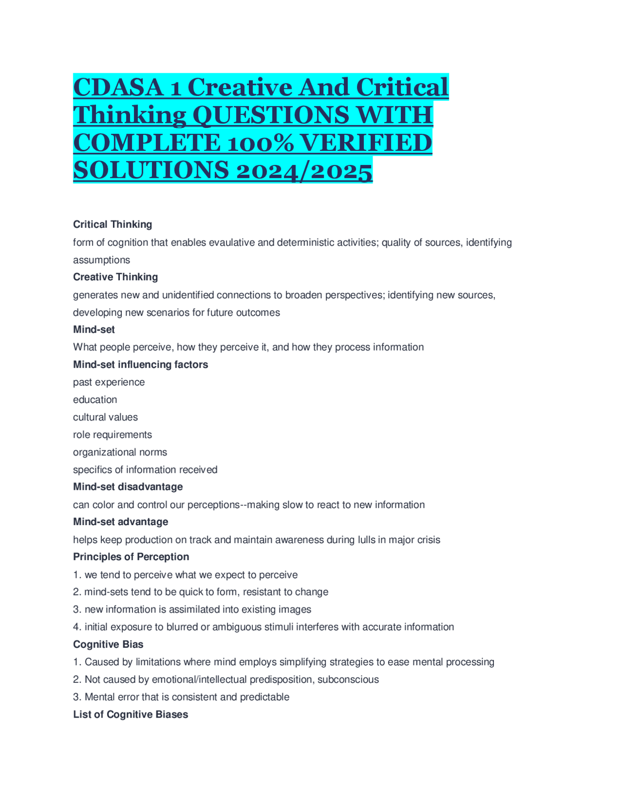CDASA 1 Creative And Critical Thinking QUESTIONS WITH COMPLETE 100% ...