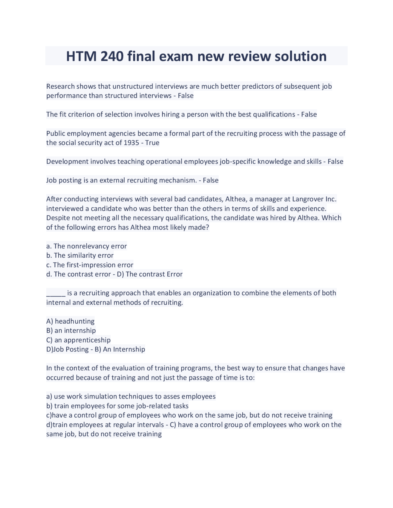 HTM 240 final exam new review solution | Exams Hospitality and Tourism ...