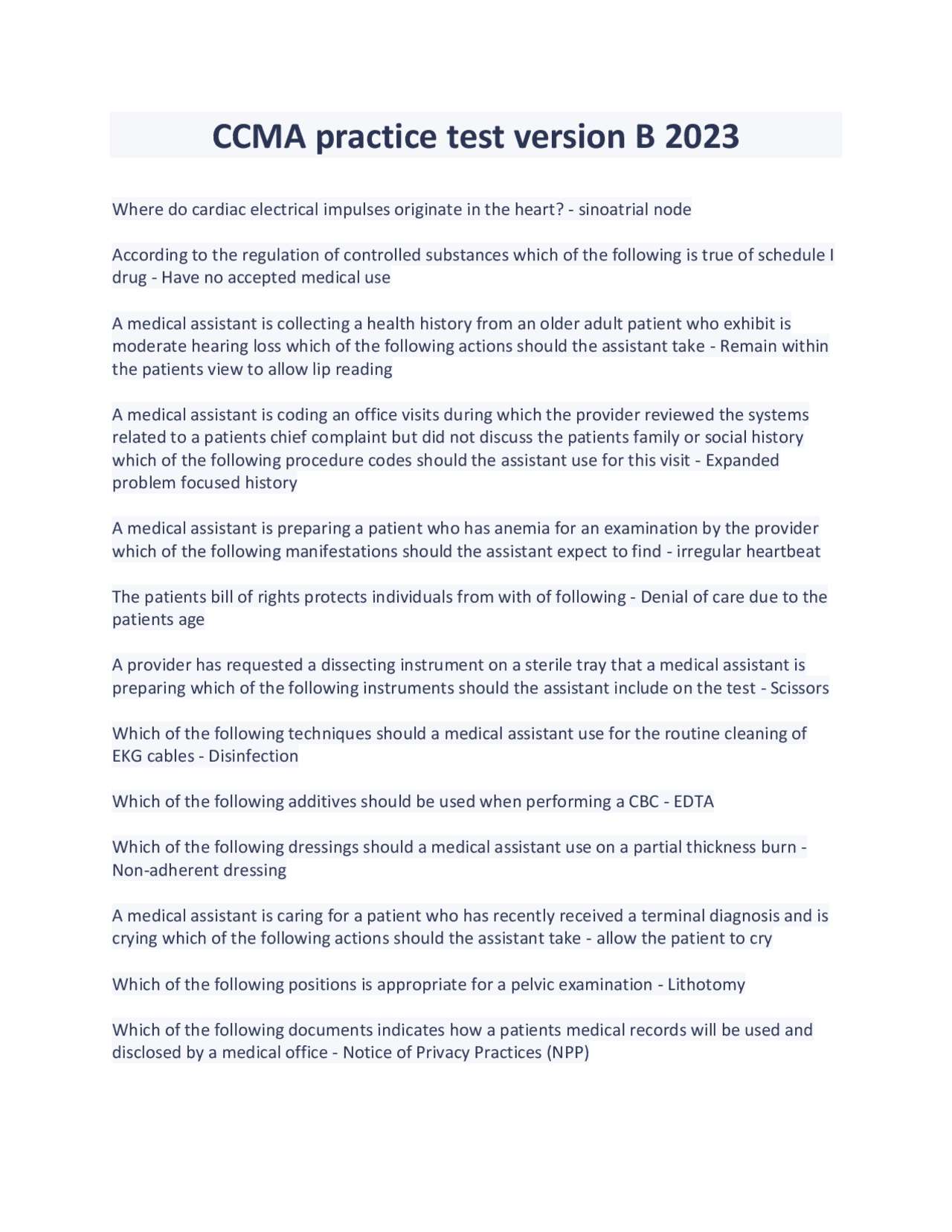 CCMA practice test version B 2024 | Exams Nursing | Docsity