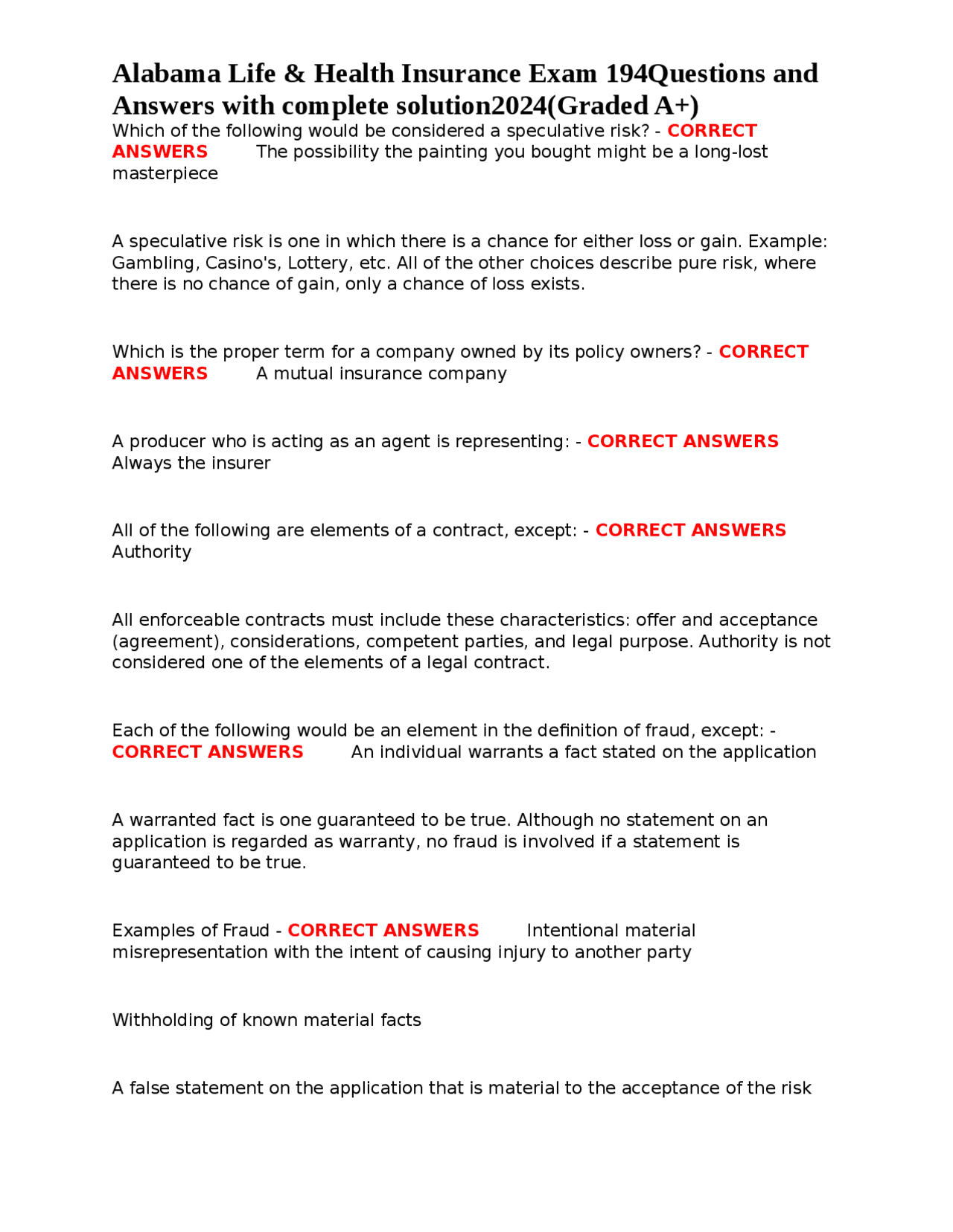 Alabama Life & Health Insurance Exam 194Questions and Answers with ...