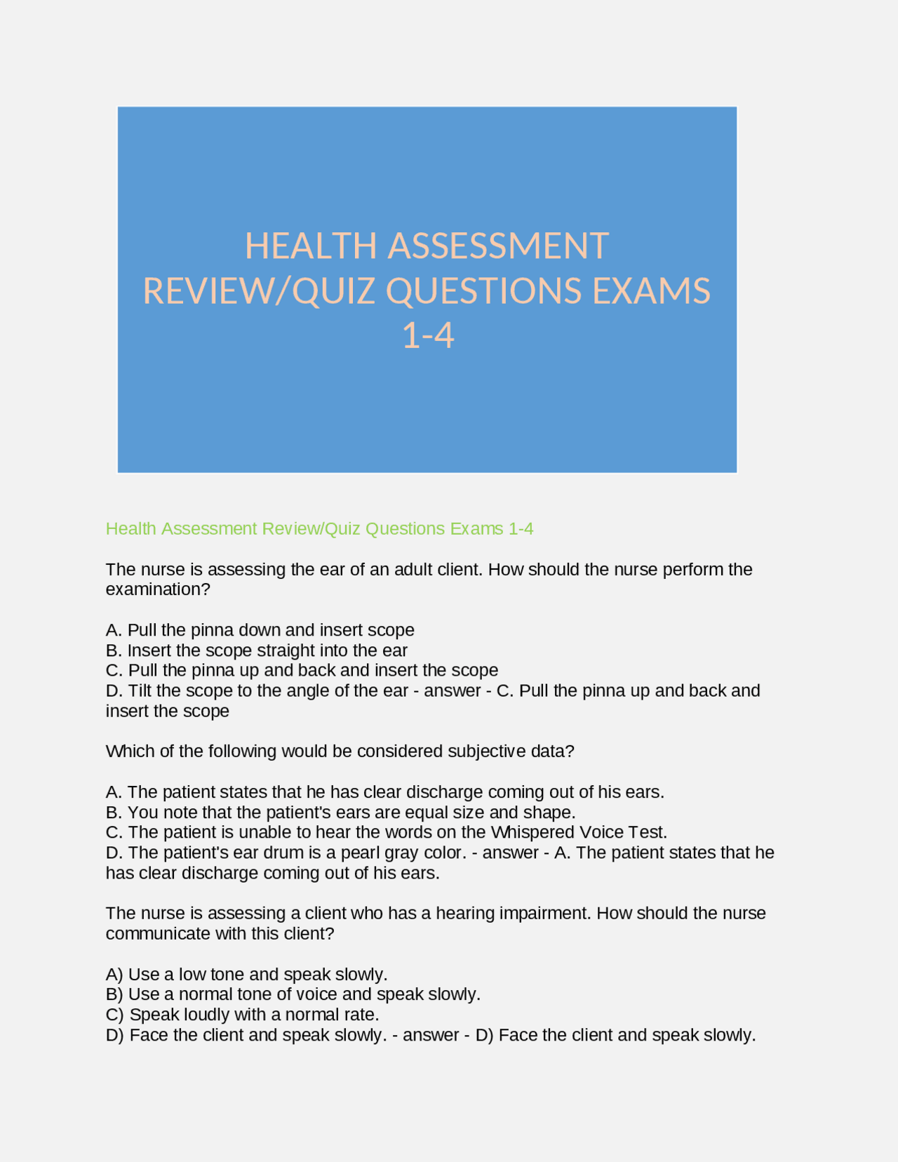 Nursing Assessment and Examination Techniques | Exams Nursing | Docsity