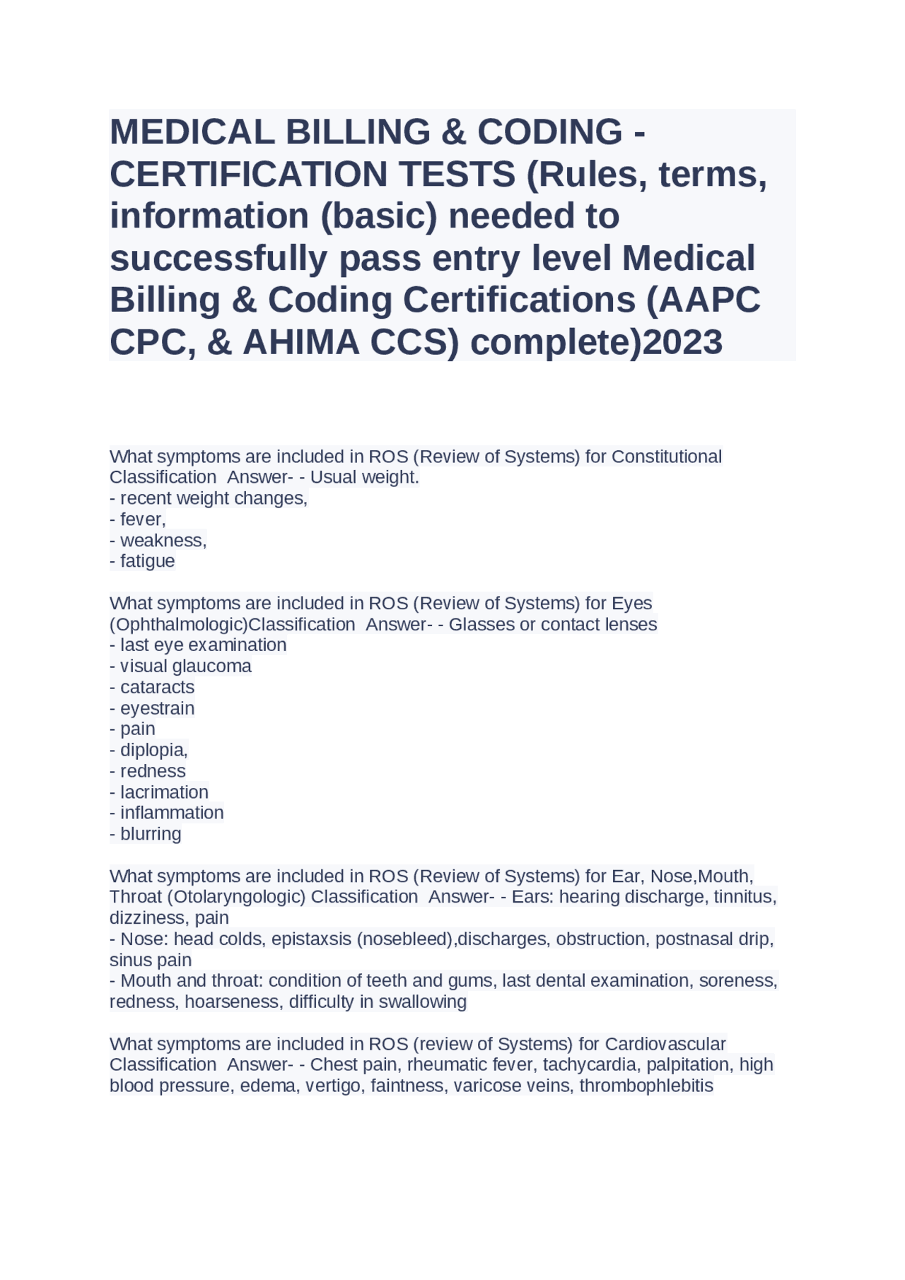 MEDICAL BILLING & CODING - CERTIFICATION TESTS (Rules, terms ...