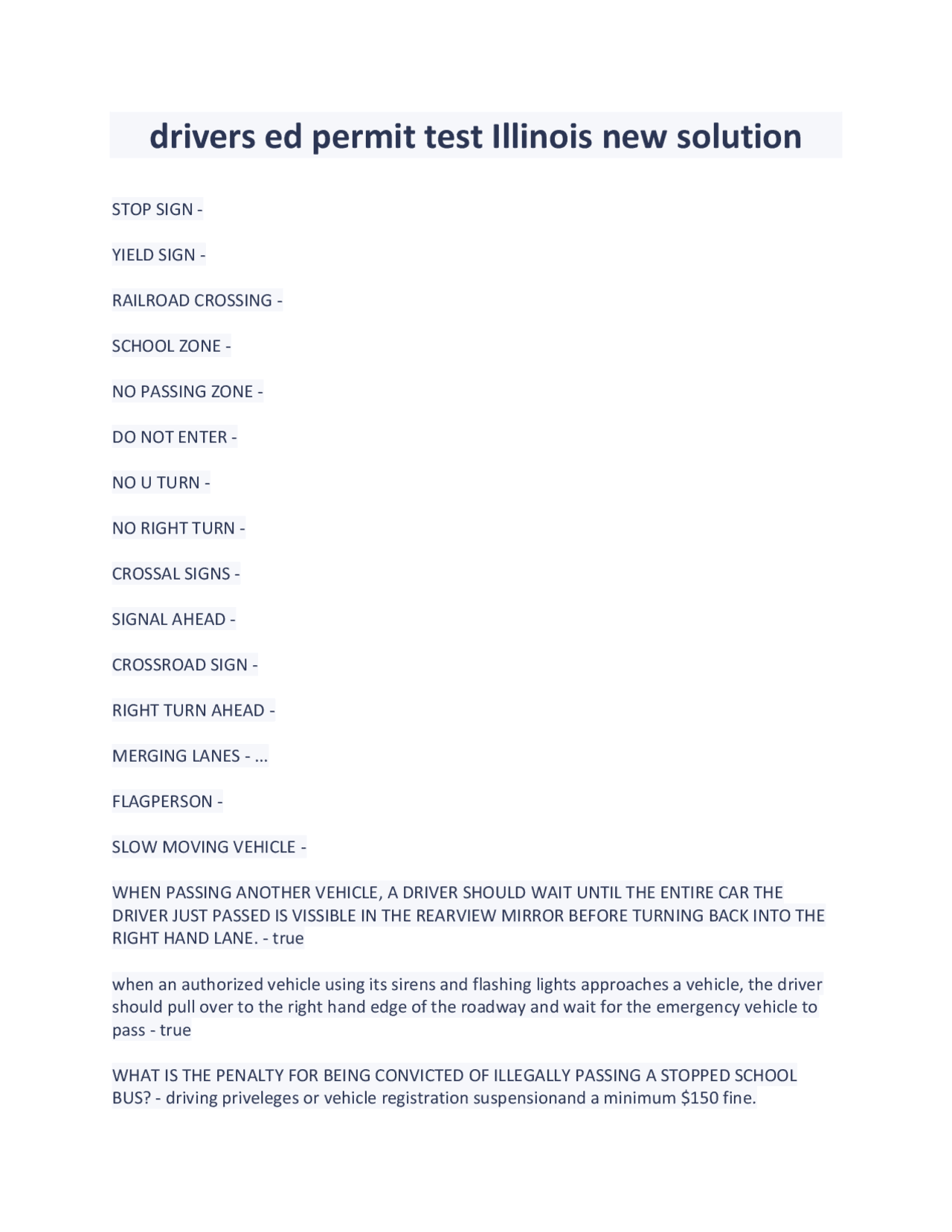 drivers ed permit test Illinois new solution | Exams Nursing | Docsity