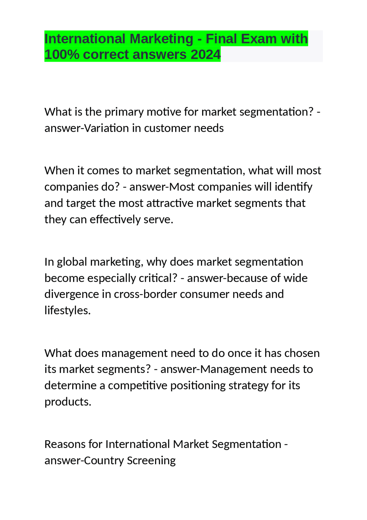 International Marketing - Final Exam with 100% correct answers 2024 ...