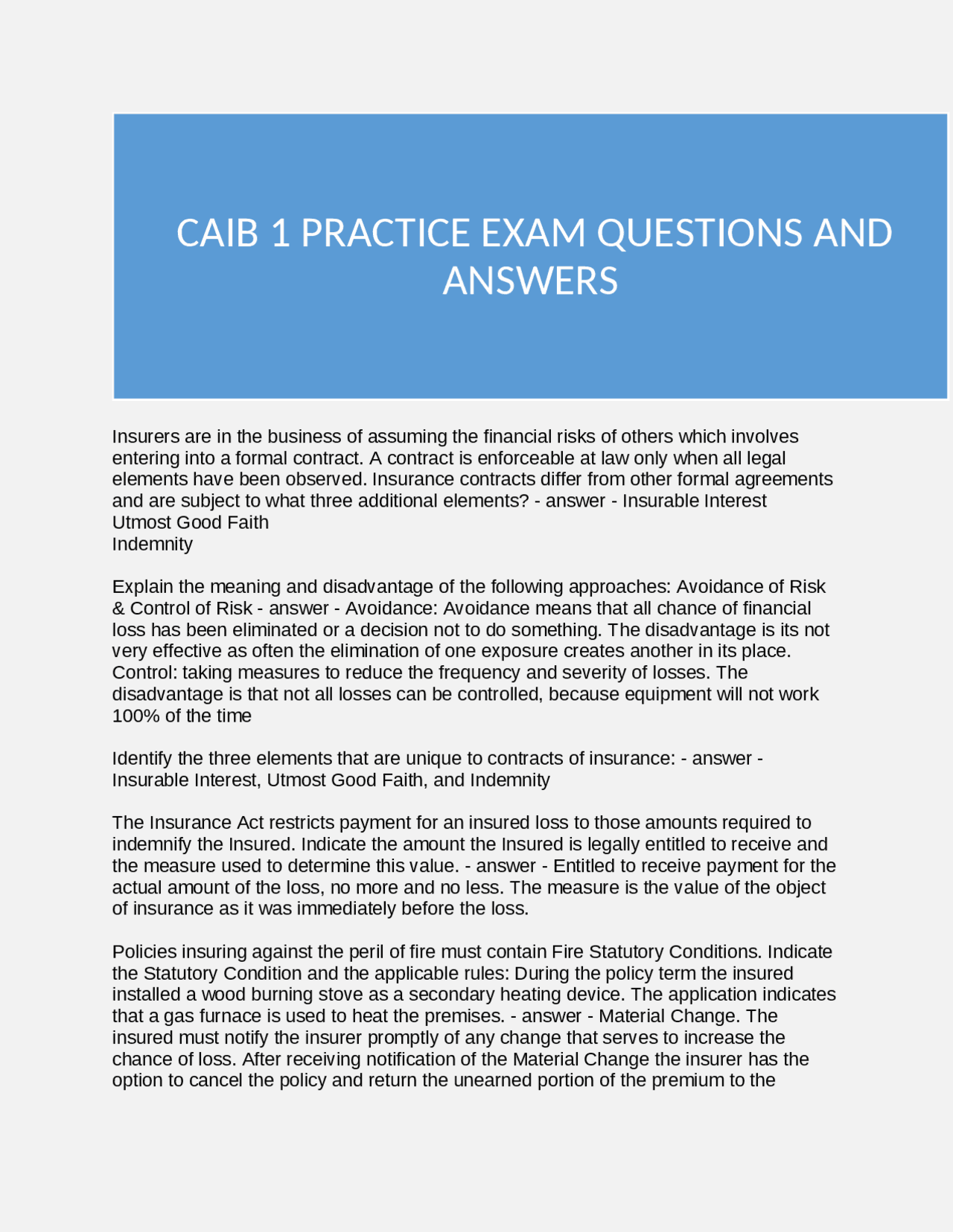 CAIB 1 PRACTICE EXAM QUESTIONS AND ANSWERS | Exams Nursing | Docsity