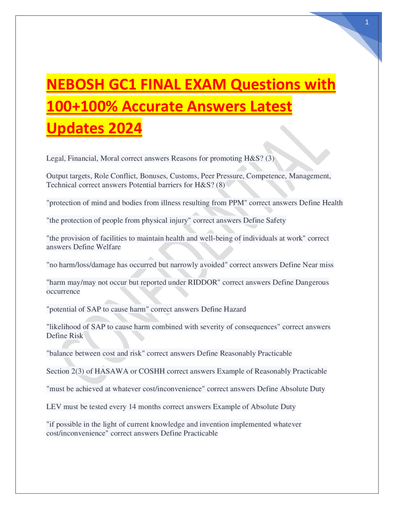 NEBOSH GC1 FINAL EXAM Questions with 100+100% Accurate Answers Latest ...
