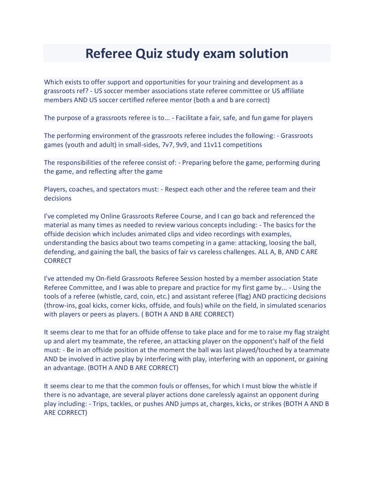 Referee Quiz study exam solution | Exams Sports Law | Docsity