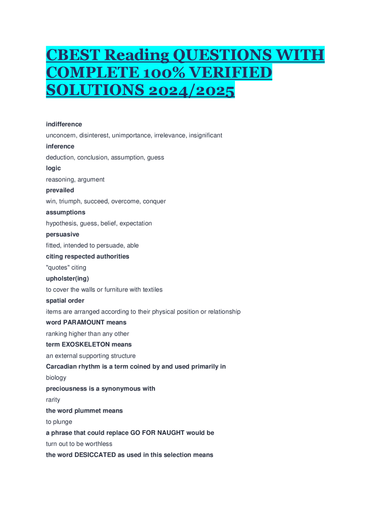 CBEST Reading QUESTIONS WITH COMPLETE 100% VERIFIED SOLUTIONS 2024/2025 ...