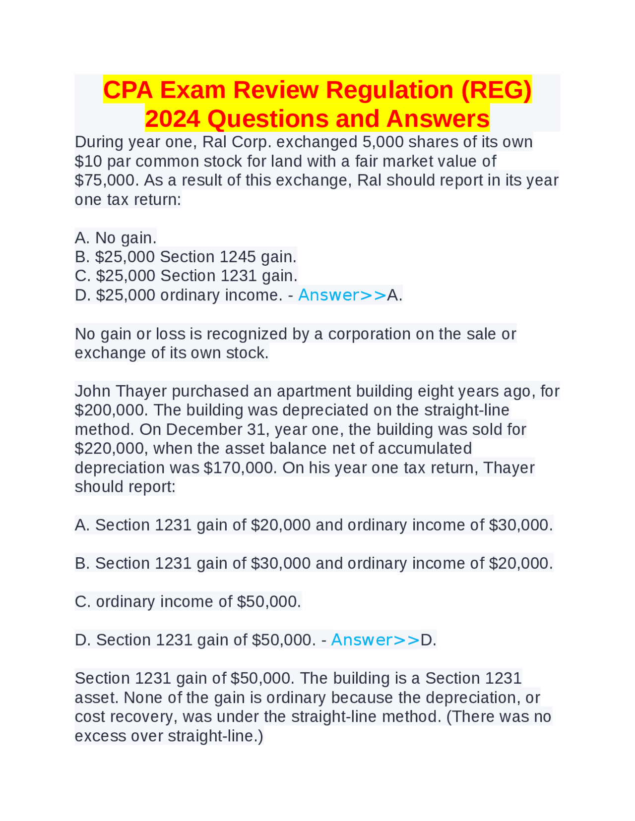 CPA Exam Review Regulation (REG) 2024 Questions and Answers | Exams ...