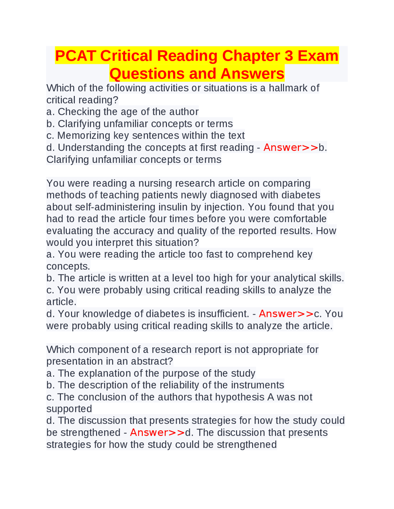 PCAT Critical Reading Chapter 3 Exam Questions and Answers | Exams ...