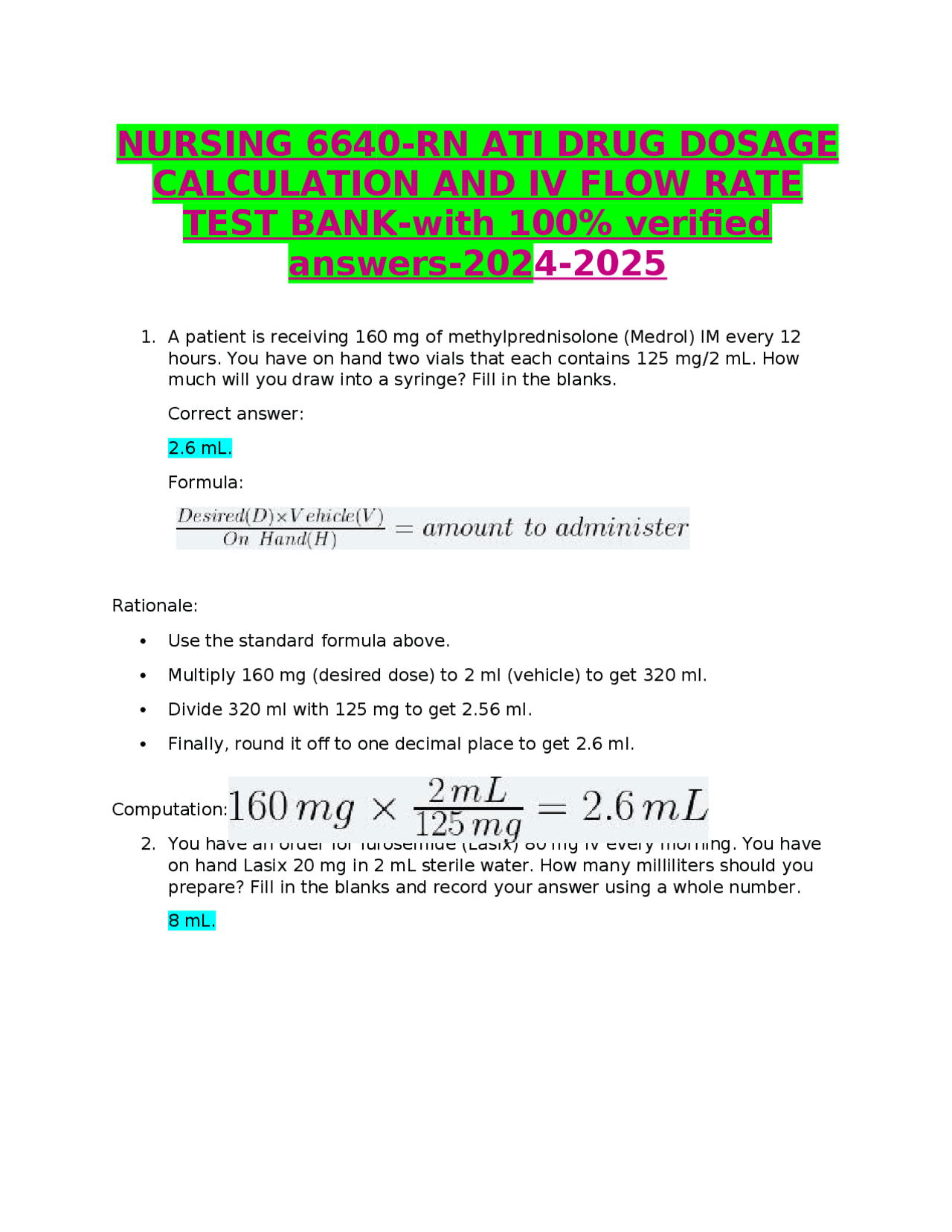 NURSING 6640-RN ATI DRUG DOSAGE CALCULATION AND IV FLOW RATE TEST BANK ...