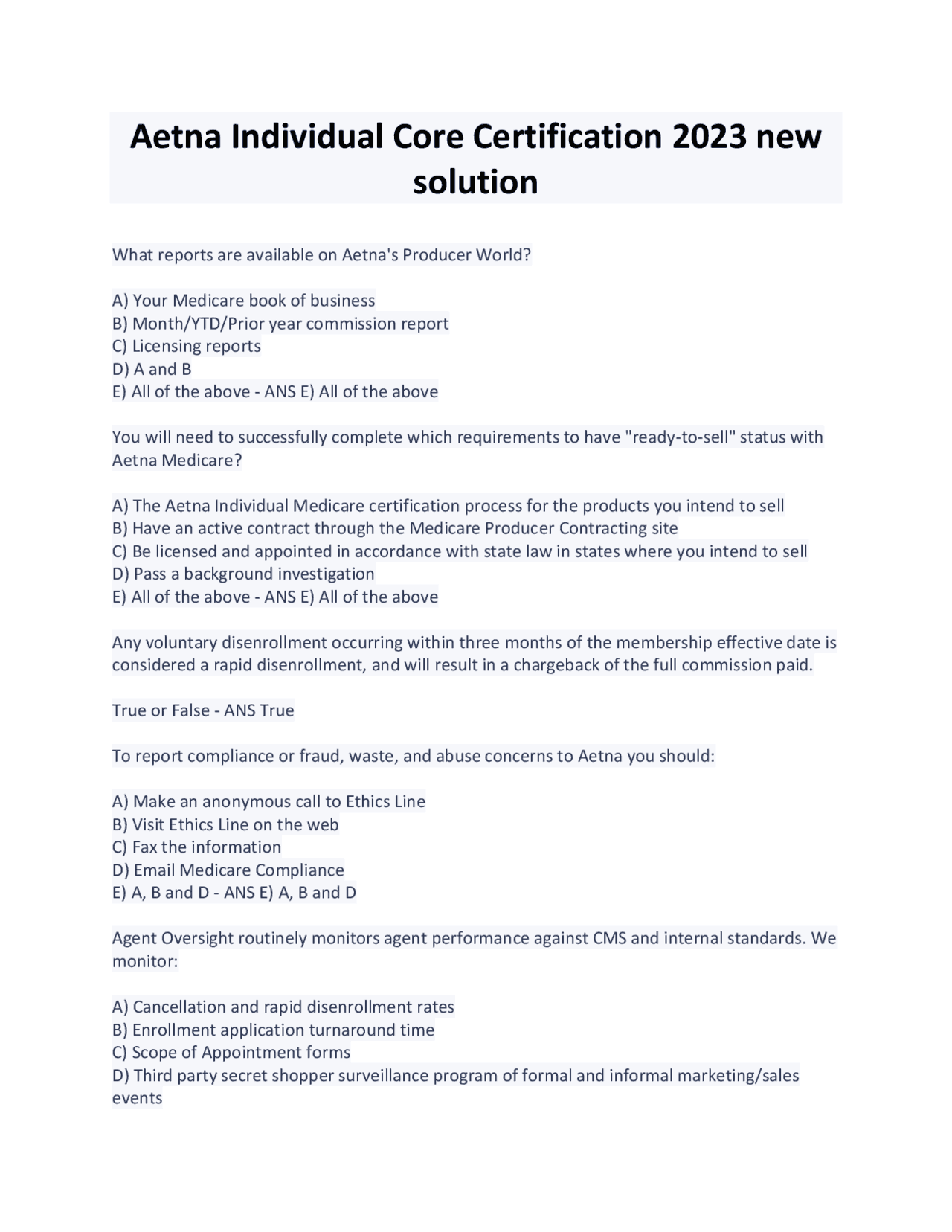 Aetna Individual Core Certification 2024 new solution | Exams Nursing ...