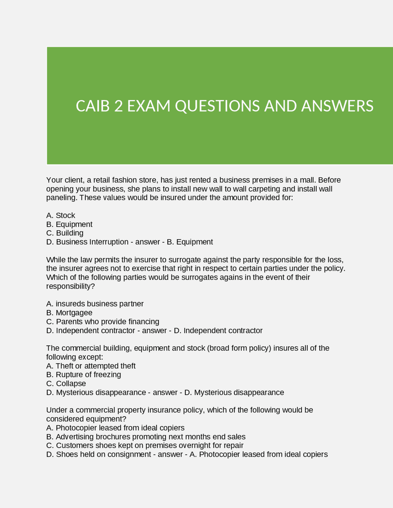CAIB 2 EXAM QUESTIONS AND ANSWERS | Exams Nursing | Docsity