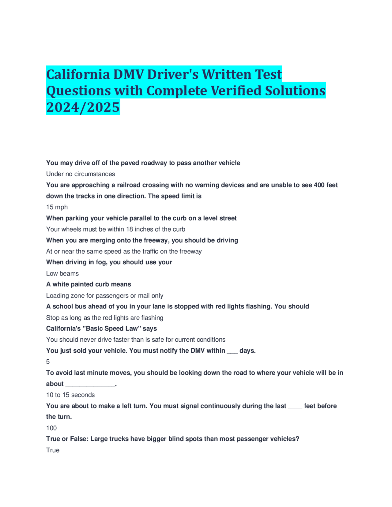 California DMV Driver's Written Test Questions with Complete Verified ...