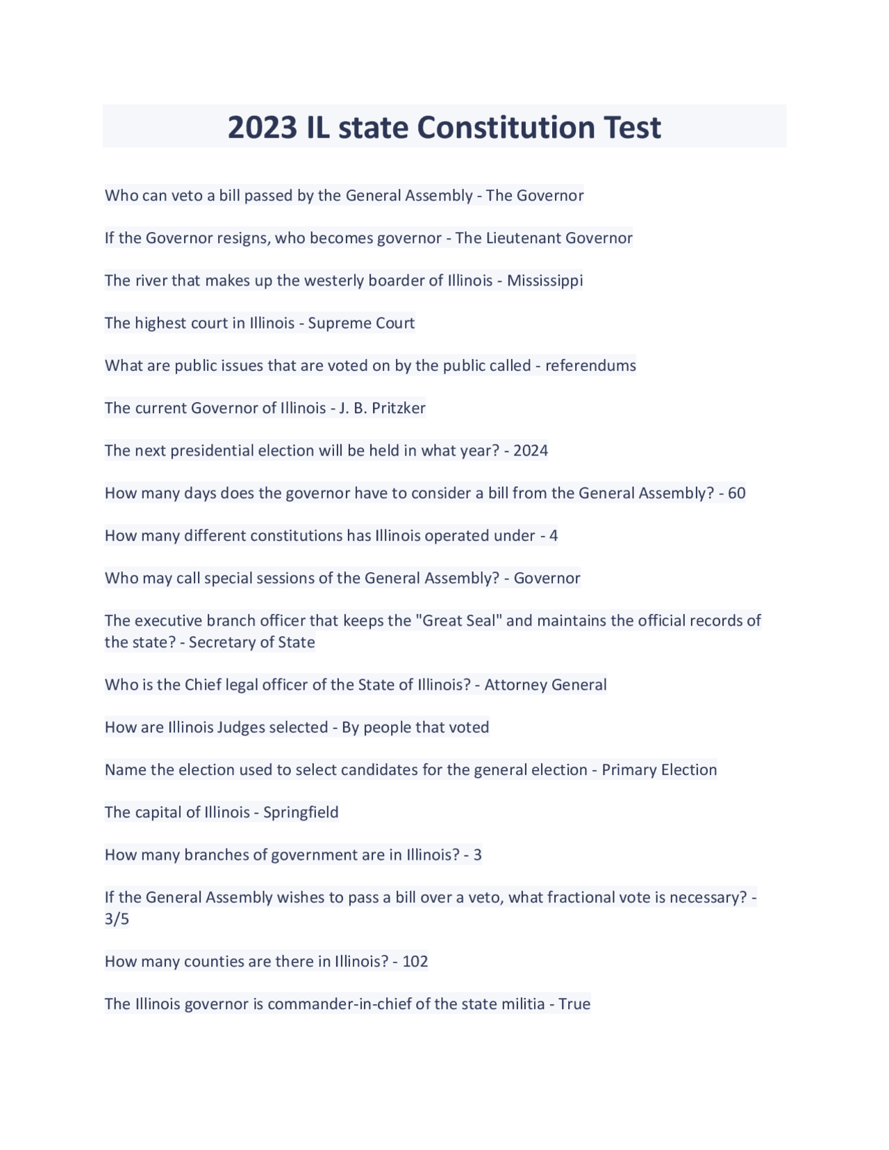 Illinois State Constitution and Government | Exams Nursing | Docsity