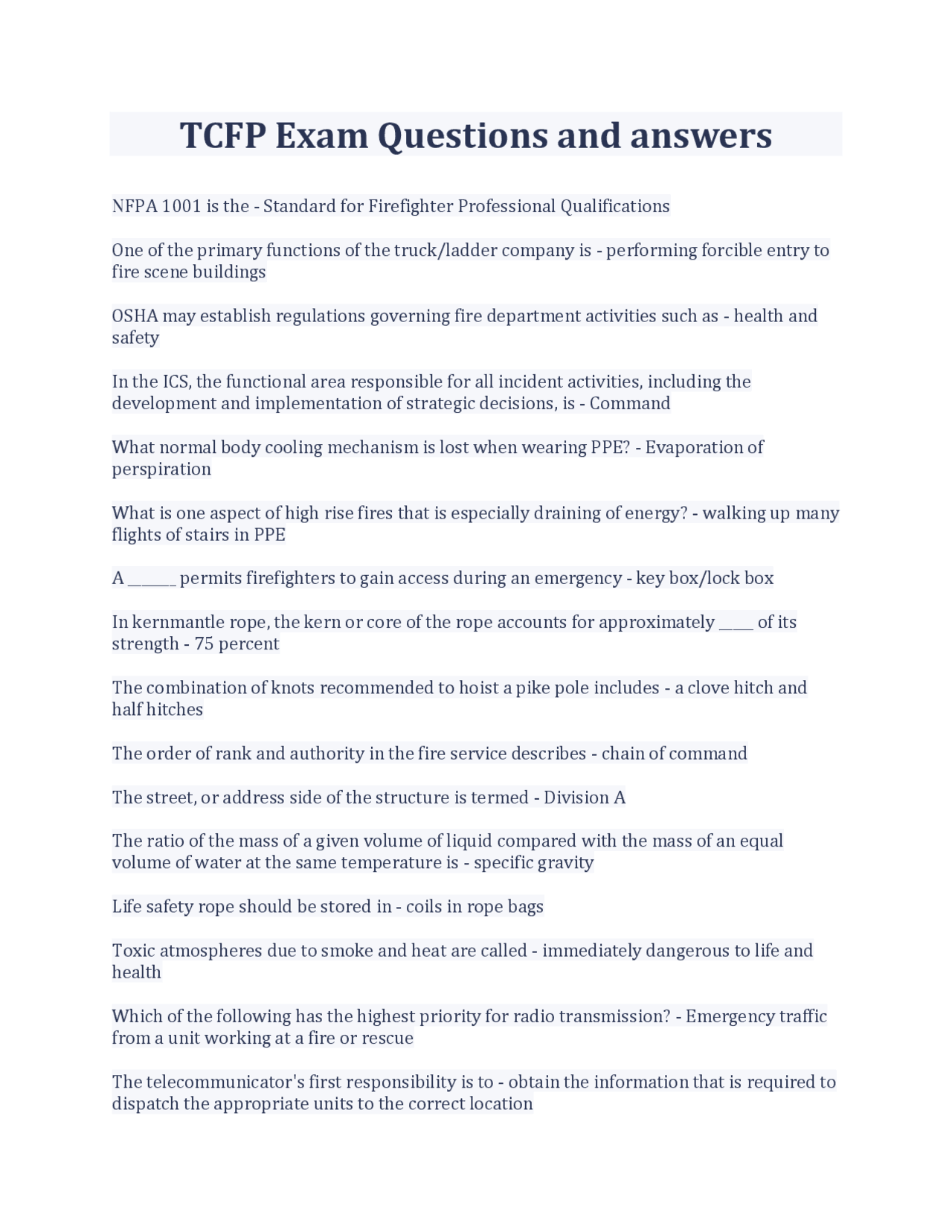 TCFP Exam Questions and answers | Exams Nursing | Docsity