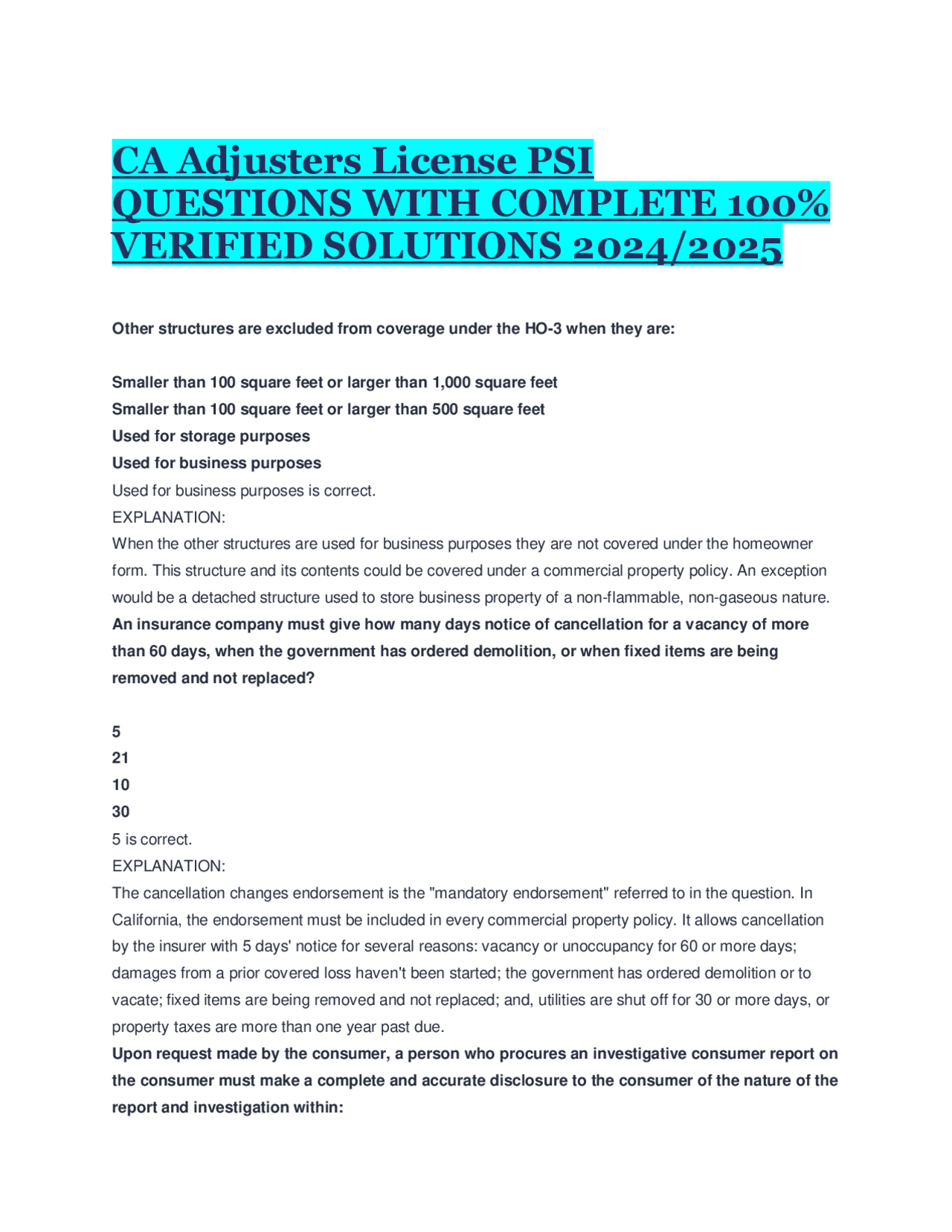 CA Adjusters License PSI QUESTIONS WITH COMPLETE 100% VERIFIED ...