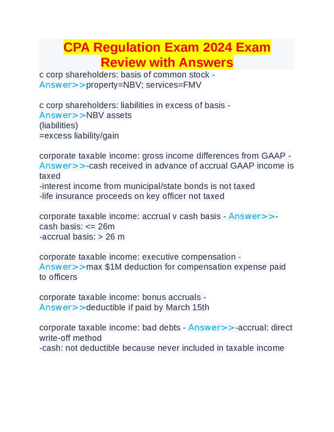 CPA Regulation Exam 2024 Exam Review with Answers | Exams Business ...
