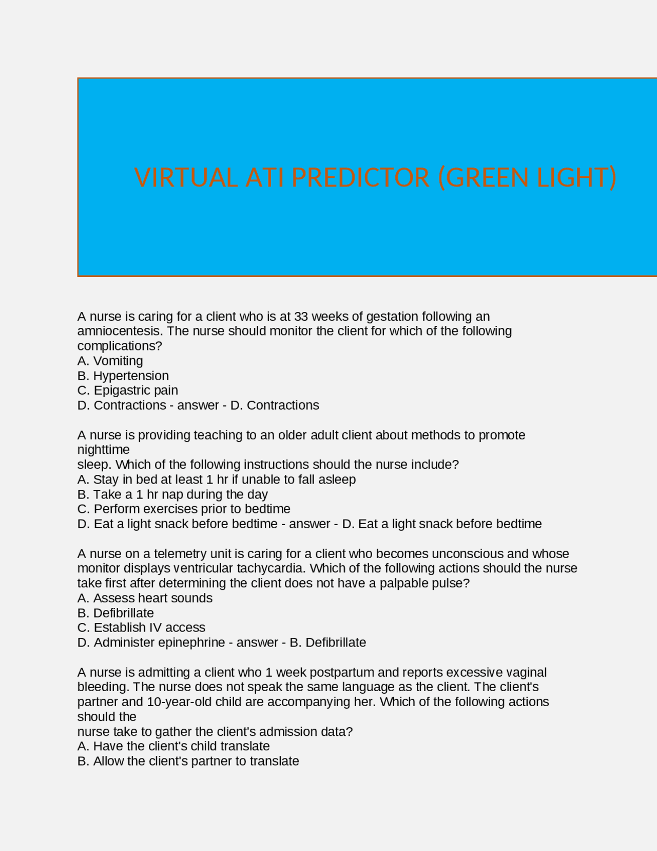 VIRTUAL ATI PREDICTOR (GREEN LIGHT) | Exams Nursing | Docsity