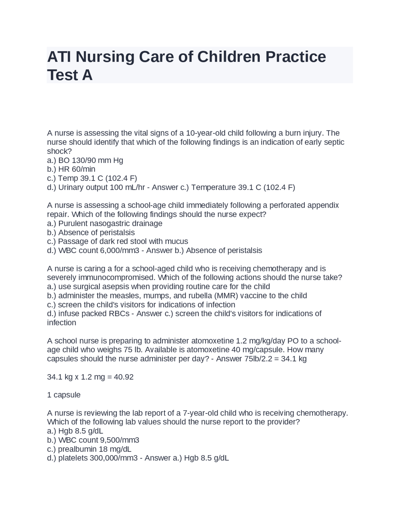 ATI Nursing Care of Children Practice Test A Questions with Complete ...
