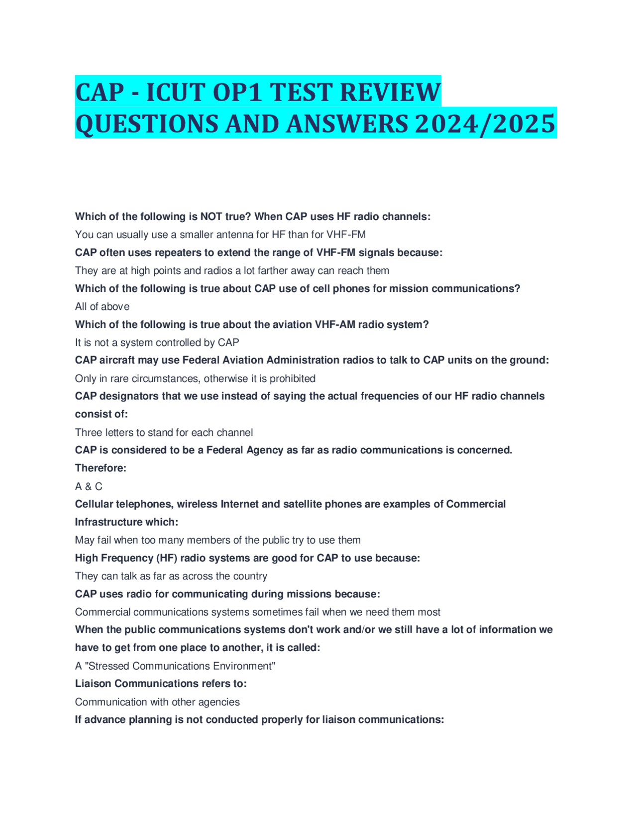 CAP - ICUT OP1 TEST REVIEW QUESTIONS AND ANSWERS 2024/2025 | Exams ...