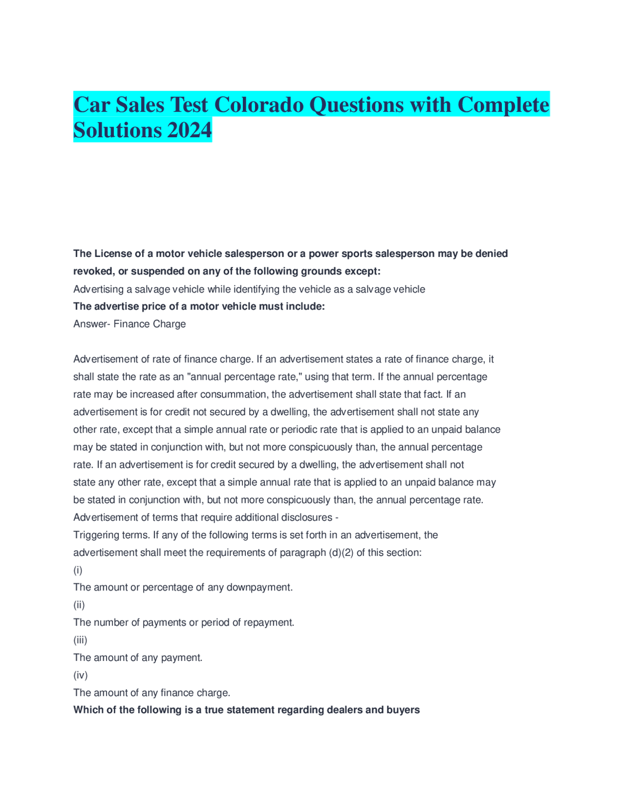 Car Sales Test Colorado Questions with Complete Solutions 2024 | Exams ...