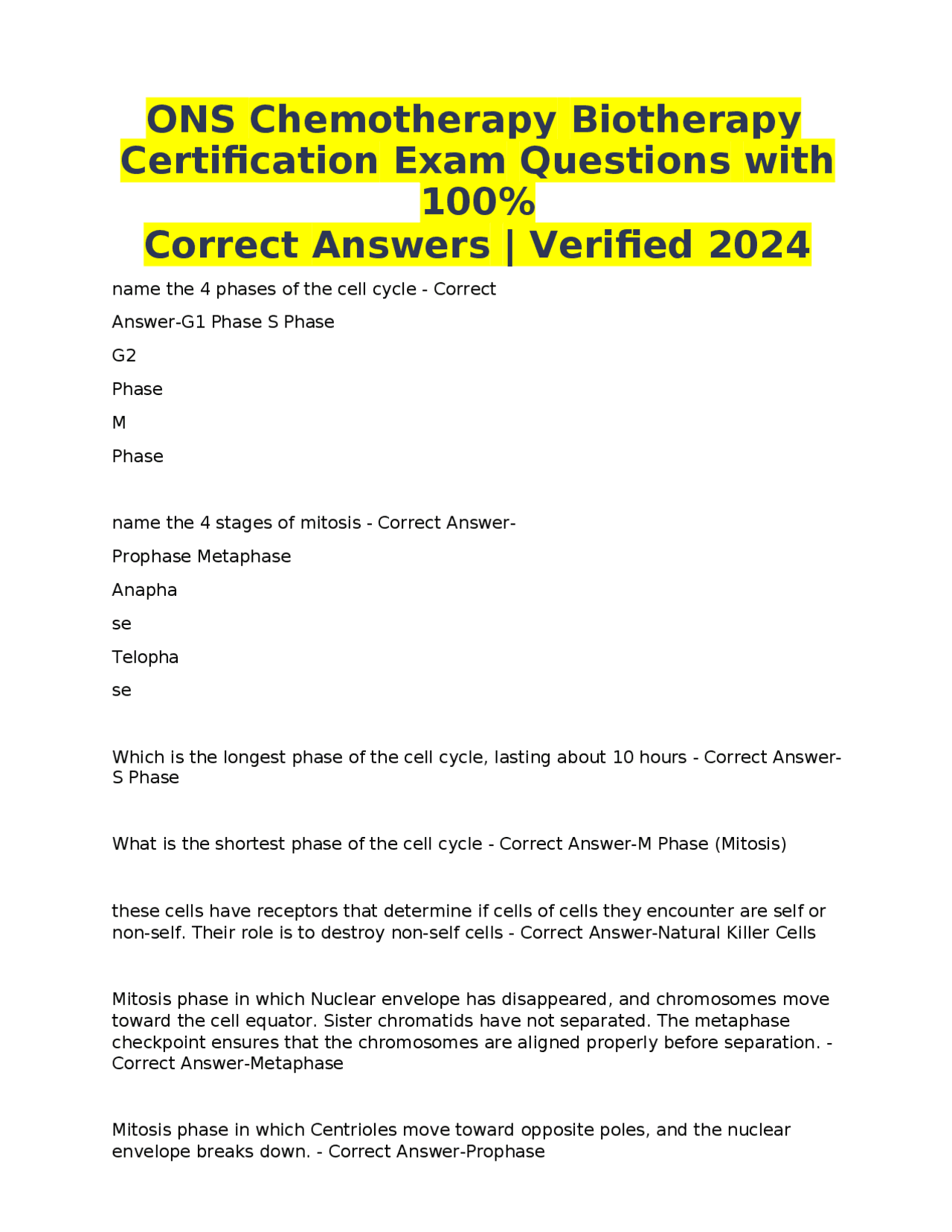 ONS Chemotherapy Biotherapy Certification Exam Questions with 100% ...