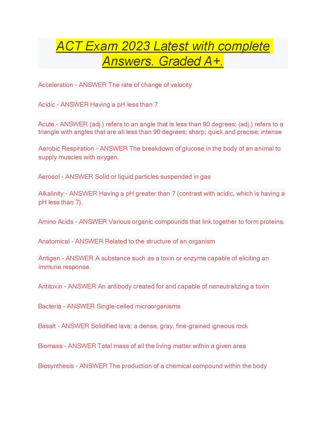 ACT Exam 2023 Latest with complete Questions And Answers Graded A+ ...