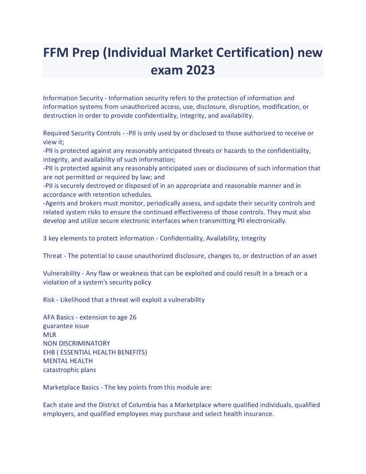 FFM Prep (Individual Market Certification) new exam 2024 | Exams ...