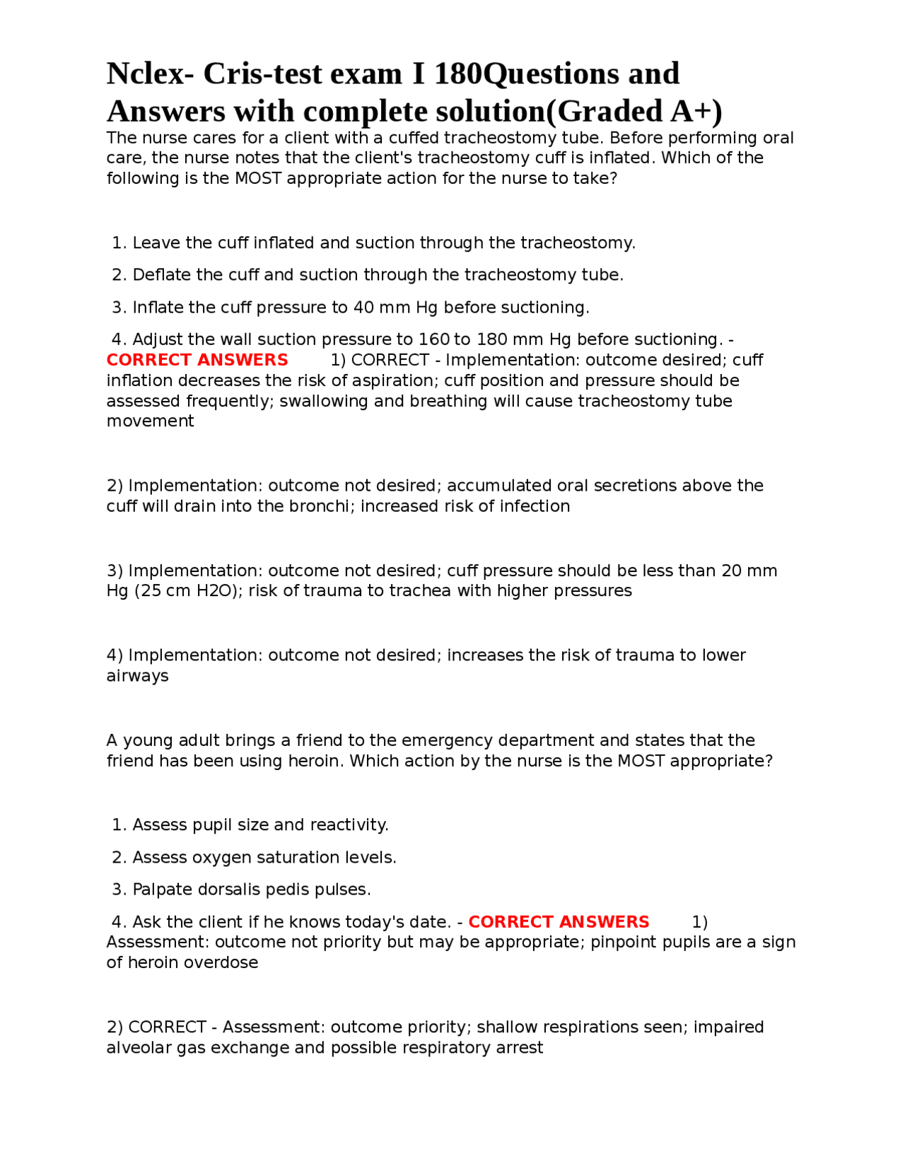 Nclex- Cris-test exam I 180Questions and Answers with complete solution ...