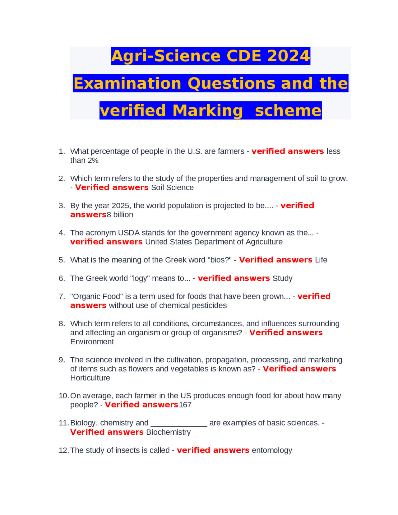 Agri-Science CDE 2024 Examination Questions and the verified Marking ...