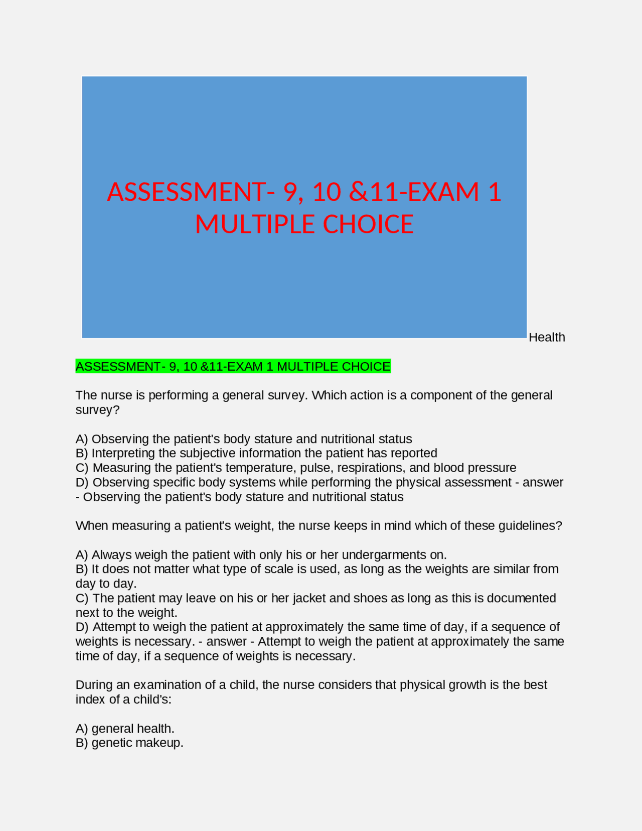 ASSESSMENT- 9, 10 &11-EXAM 1 MULTIPLE CHOICE | Exams Nursing | Docsity