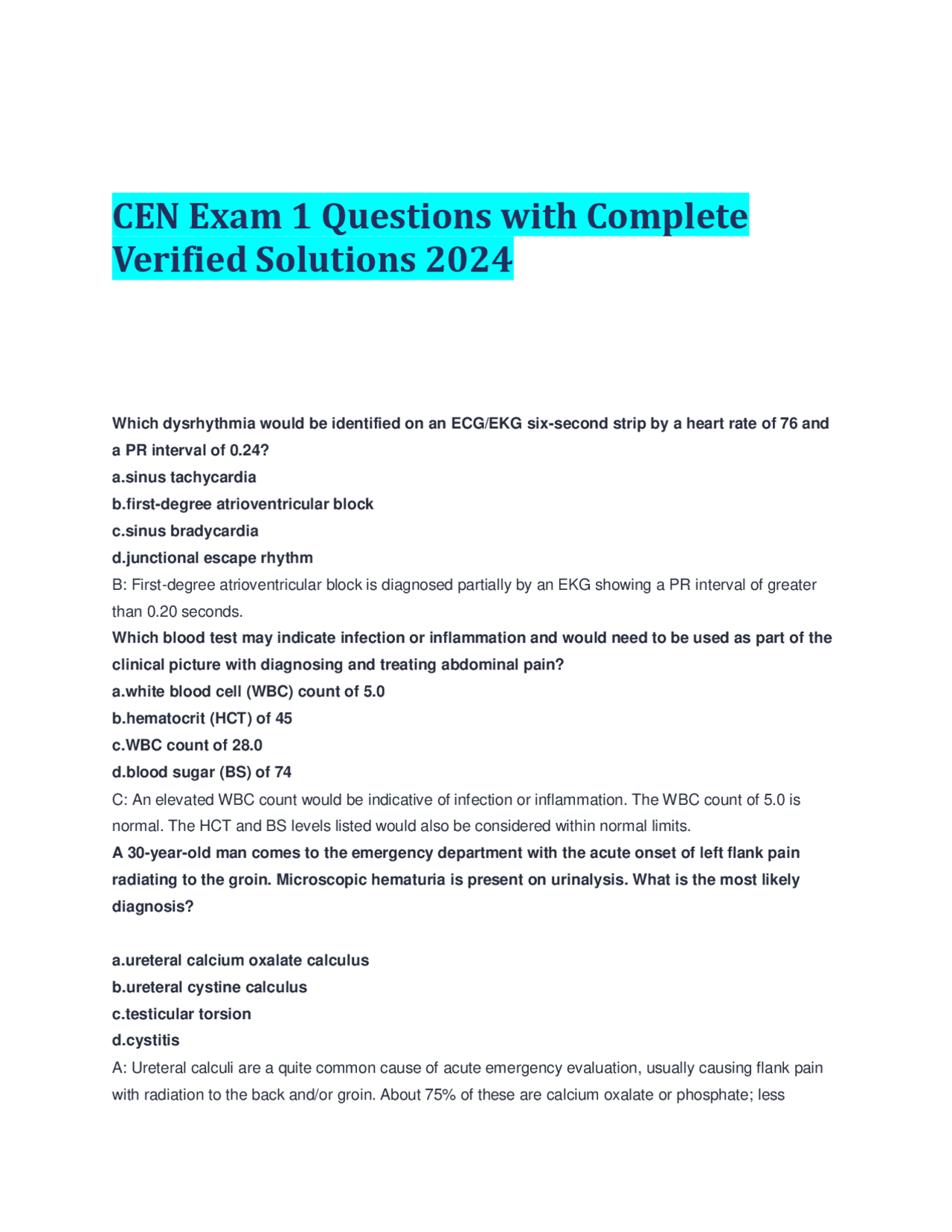 CEN Exam 1 Questions with Complete Verified Solutions 2024 | Exams ...