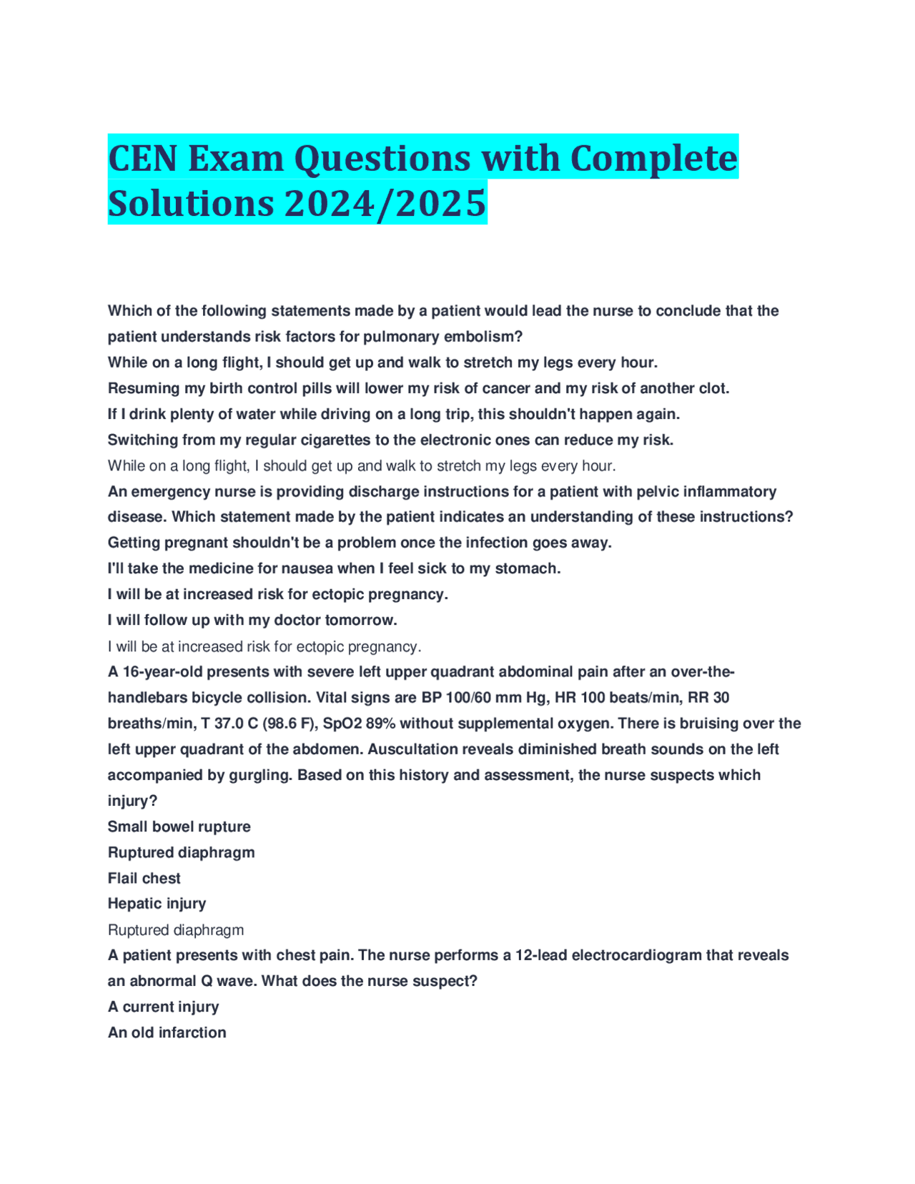 CEN Exam Questions with Complete Solutions 2024/2025 | Exams Nursing ...