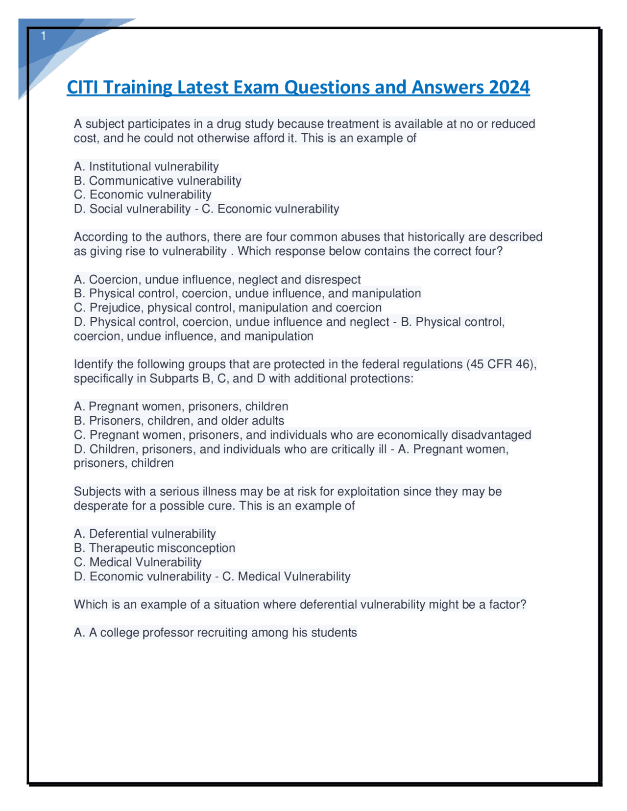 CITI Training Latest Exam Questions and Answers 2024 | Exams Nursing ...