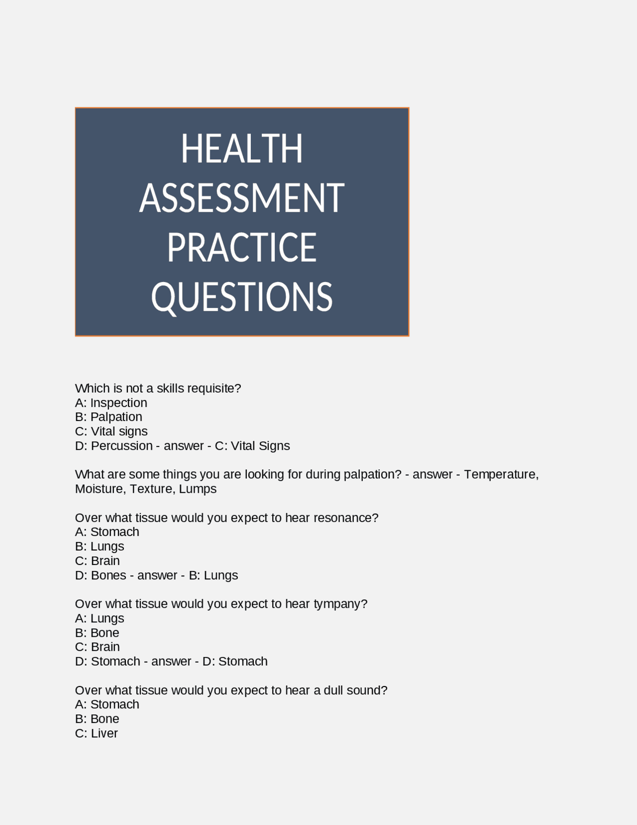 Health Assessment Practice Questions | Exams Nursing | Docsity