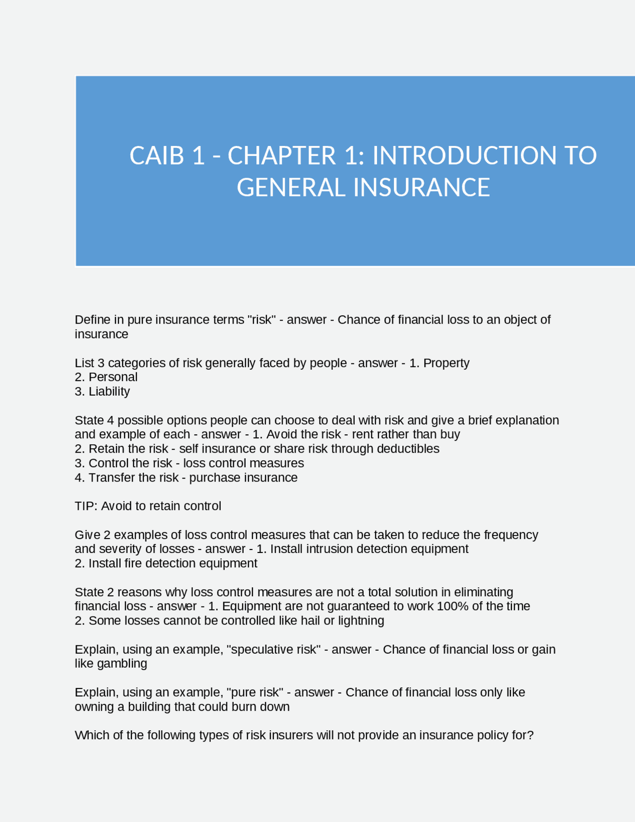 CAIB 1 - CHAPTER 1: INTRODUCTION TO GENERAL INSURANCE | Exams Nursing ...