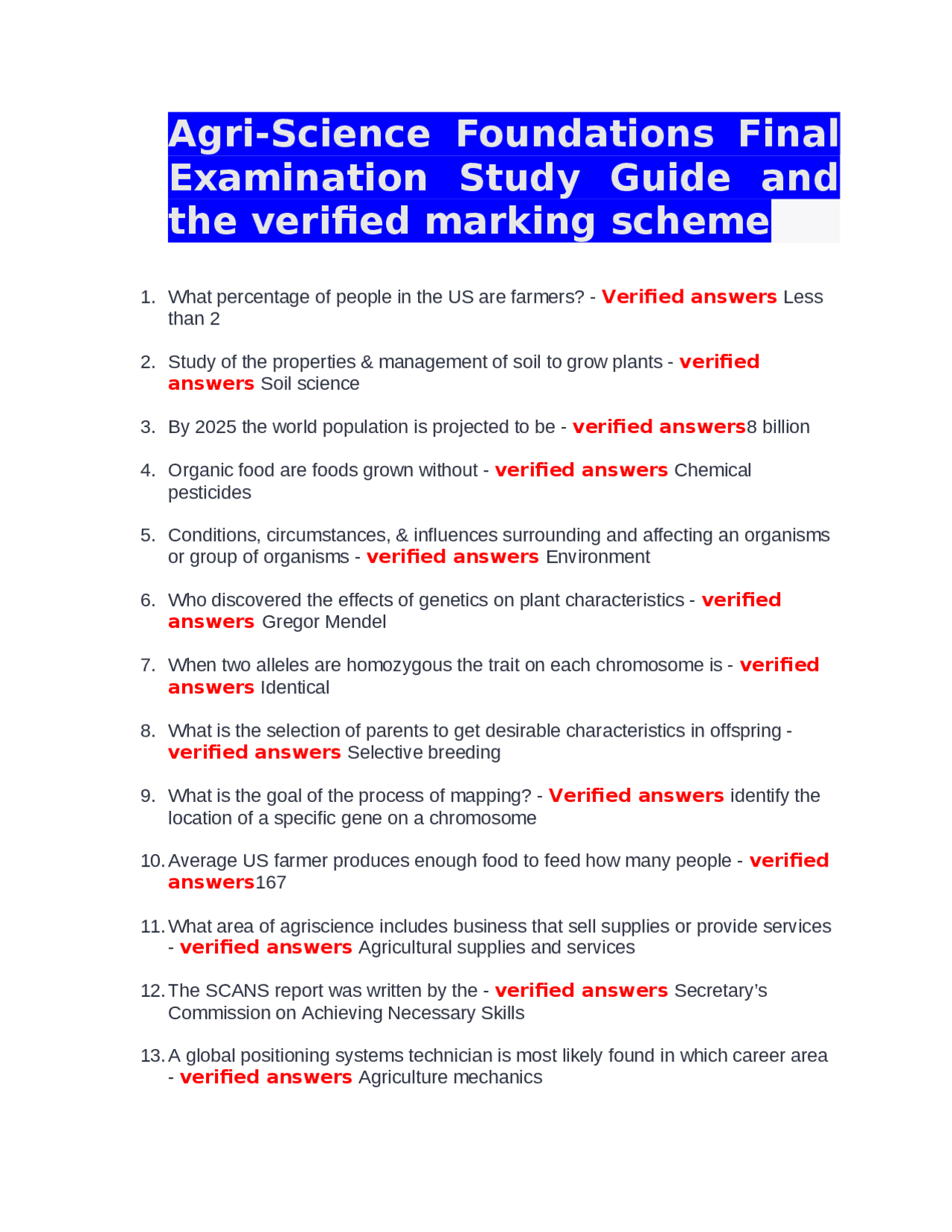 Agri-Science Foundations Final Examination Study Guide and the verified ...