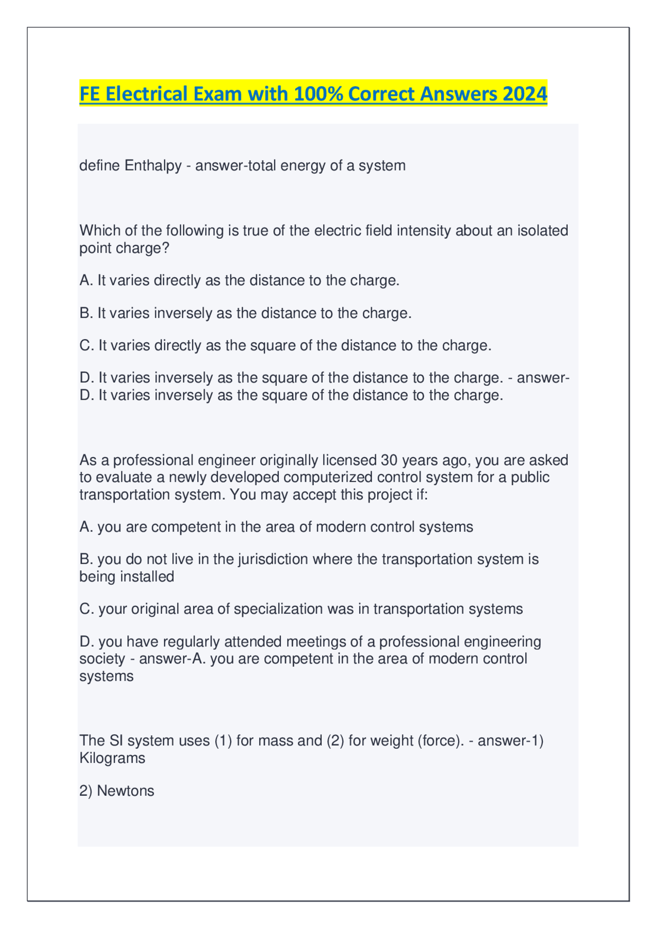 FE Electrical Exam with 100% Correct Answers 2024 | Exams Nursing | Docsity