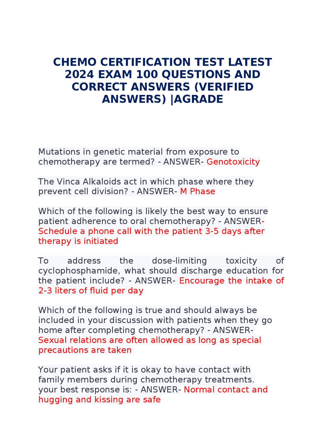 CHEMO CERTIFICATION TEST LATEST 2024 EXAM 100 QUESTIONS AND CORRECT ...