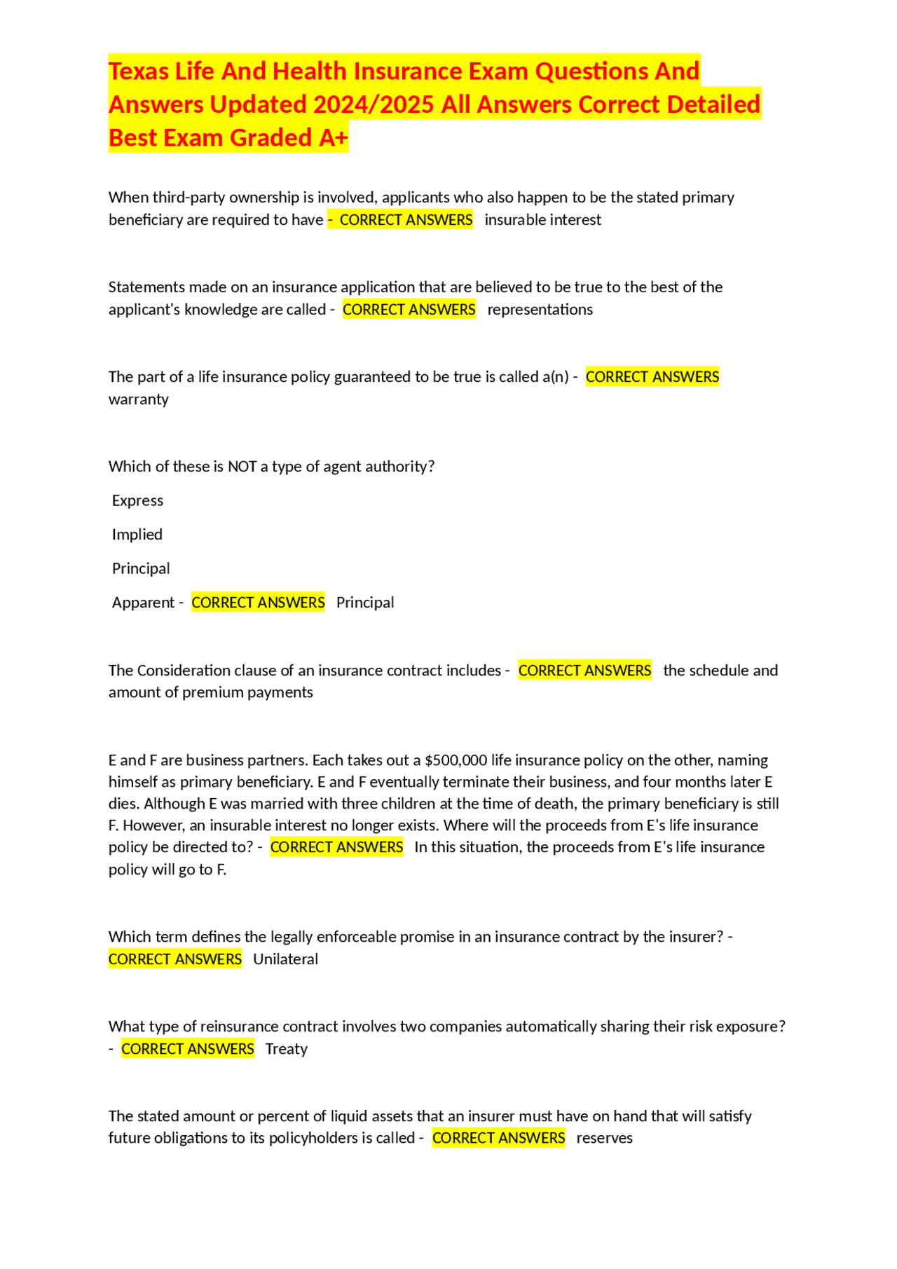 Texas Life And Health Insurance Exam Questions And Answers Updated 2024 ...