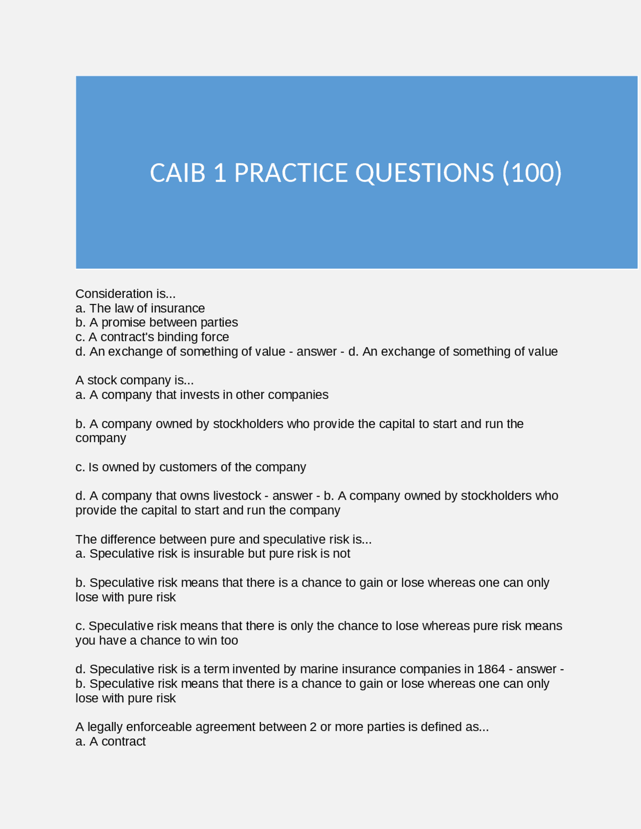 CAIB 1 Practice Questions (100) | Exams Nursing | Docsity