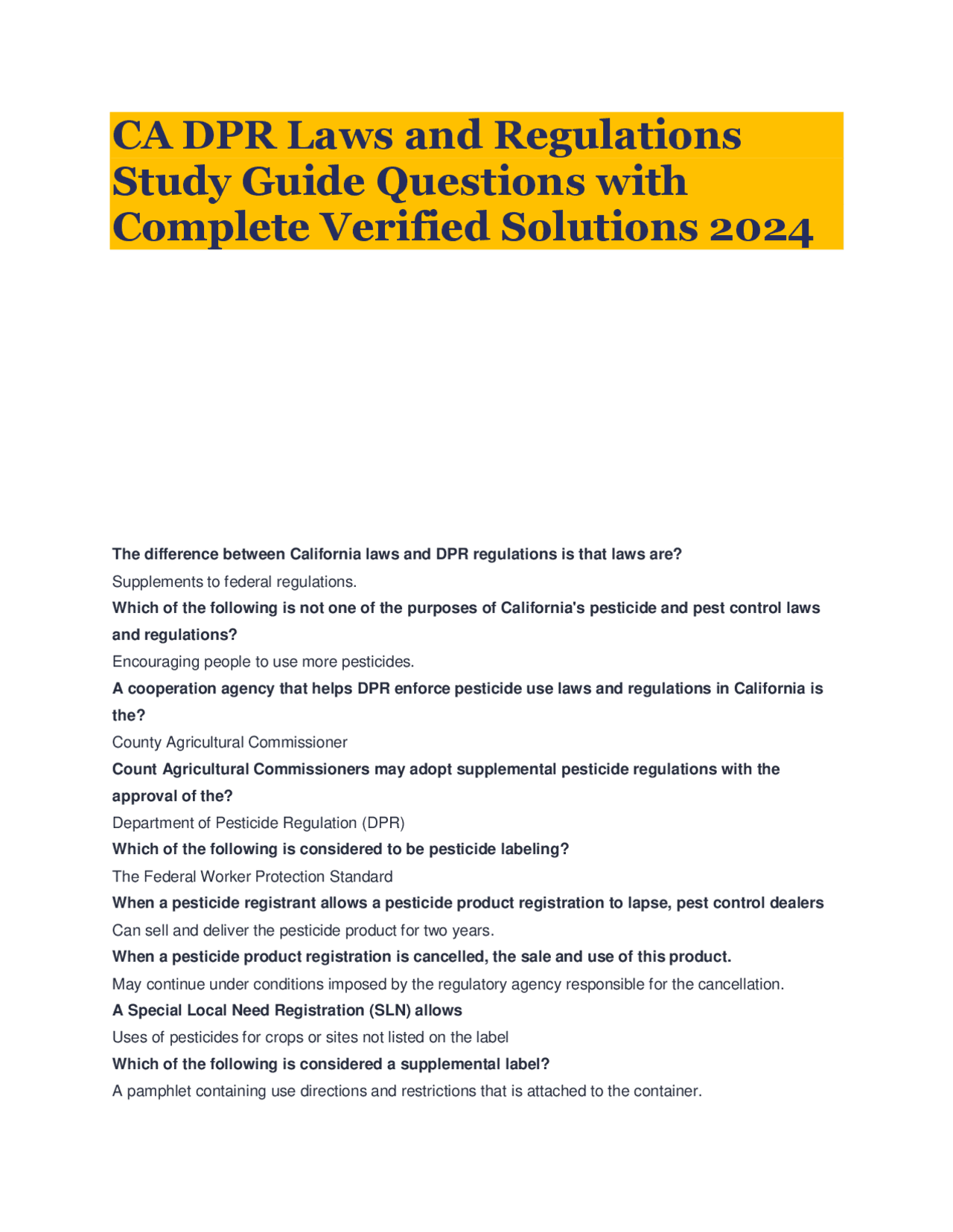 CA DPR Laws and Regulations Study Guide Questions with Complete ...