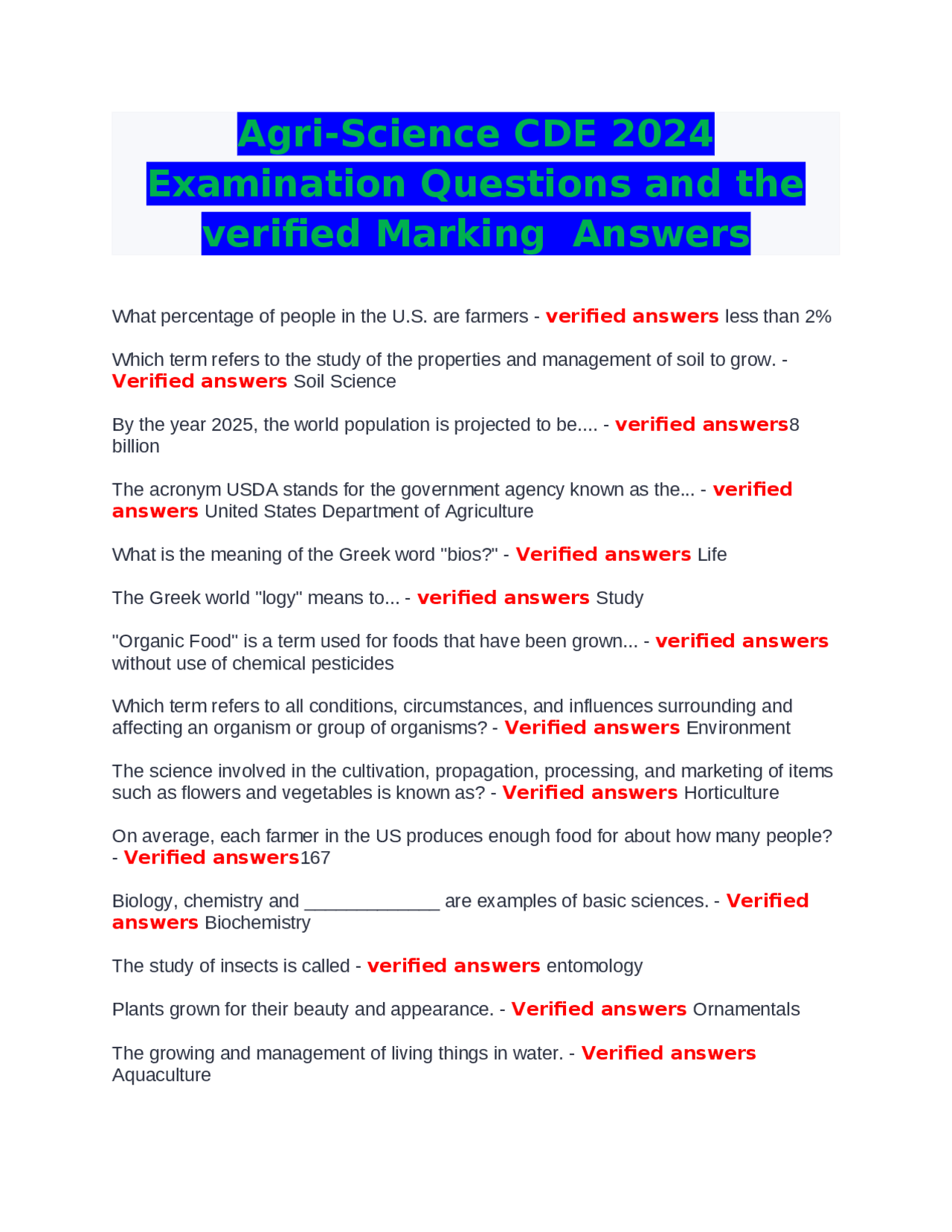 Agri-Science CDE 2024 Examination Questions and the verified Marking ...