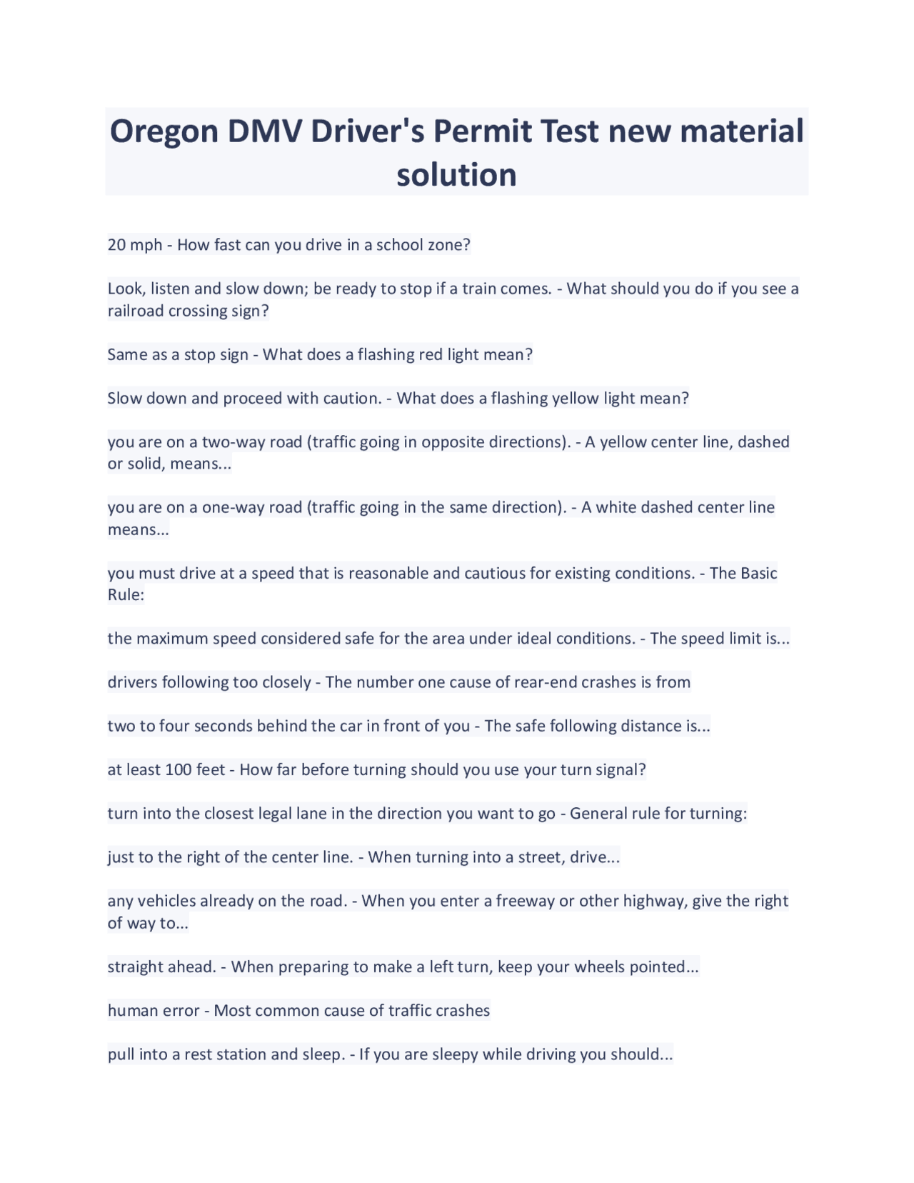 Oregon DMV Driver's Permit Test new material solution | Exams Nursing ...