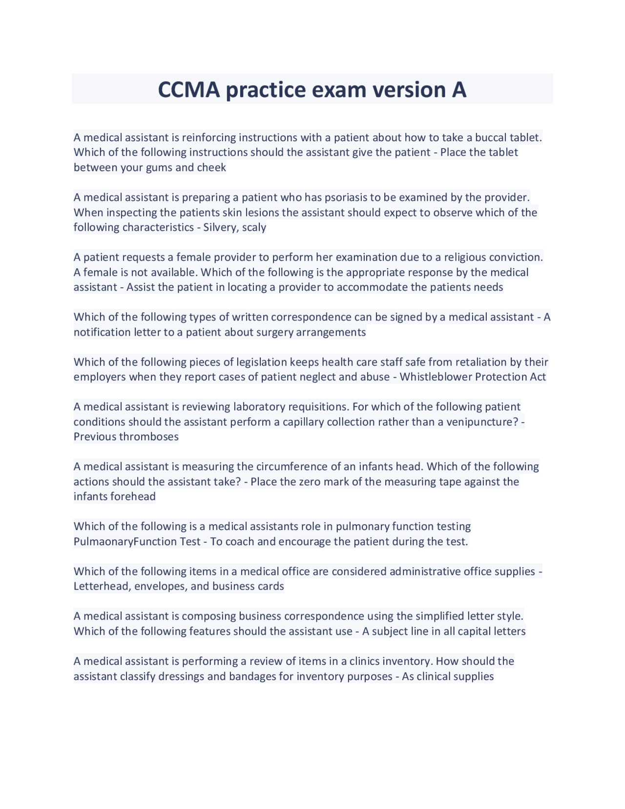 CCMA practice exam version A | Exams Nursing | Docsity