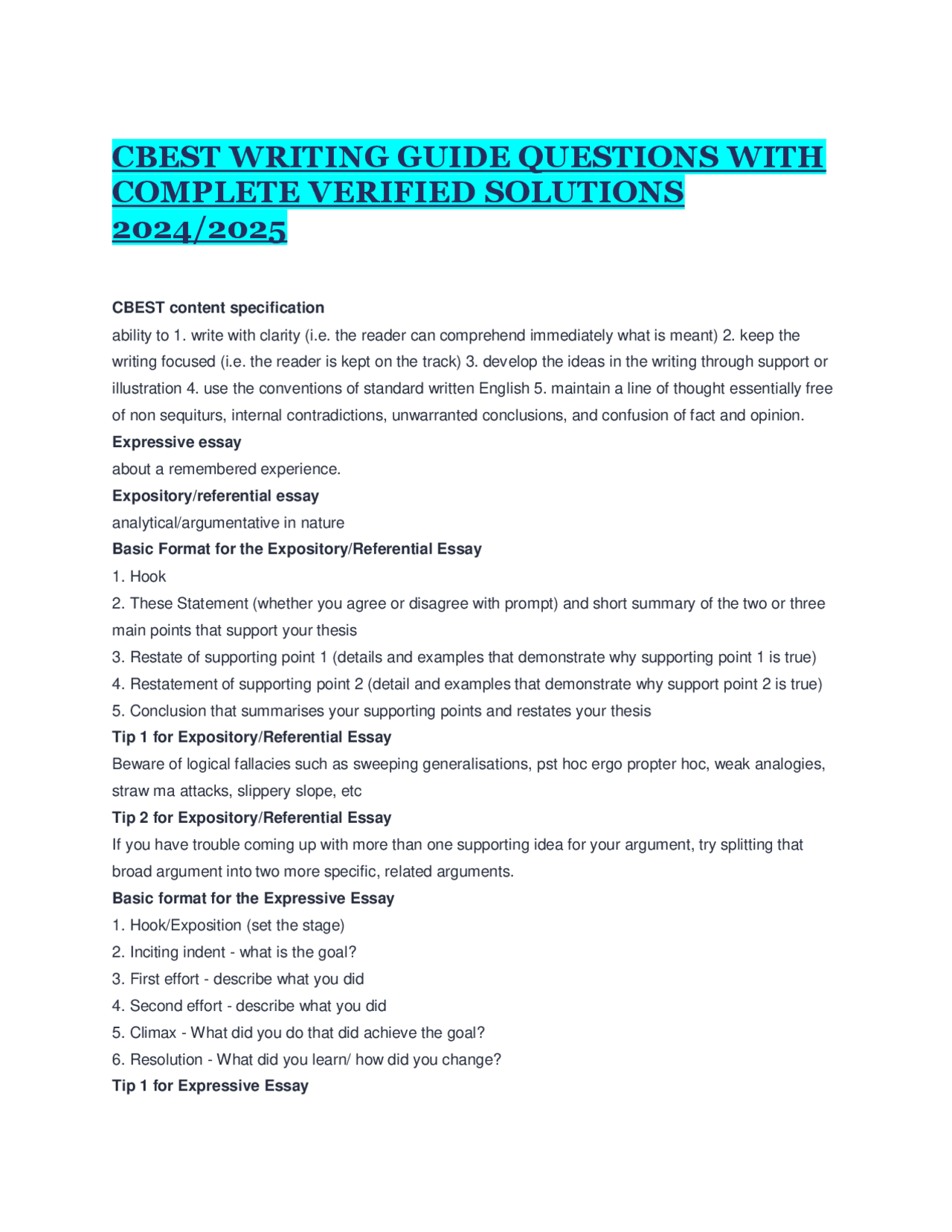 CBEST WRITING GUIDE QUESTIONS WITH COMPLETE VERIFIED SOLUTIONS 2024/ ...